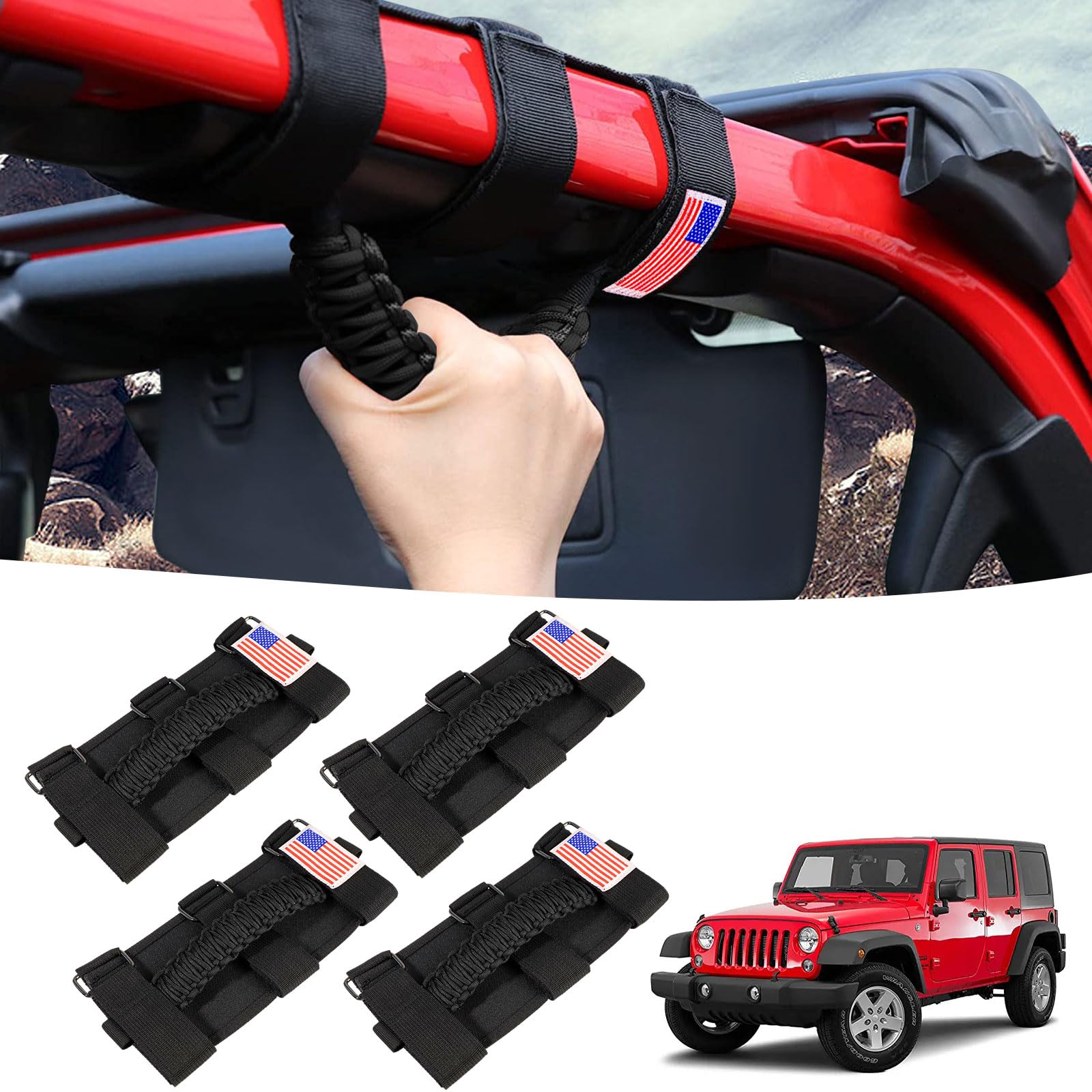GAIZON 4 Pack Grab Handles Paracord Roll Bar for Jeep Wrangler ...