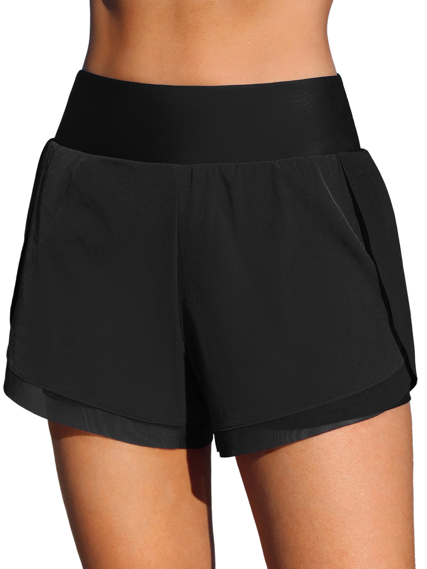 ATTRACO High Waisted Swim Shorts Women Water Shorts Black Bathing Suit ...