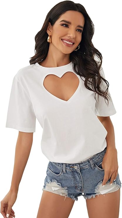 Floerns Women's Casual Heart Shape Cut Out Short Sleeve T Shirt Tee Top ...