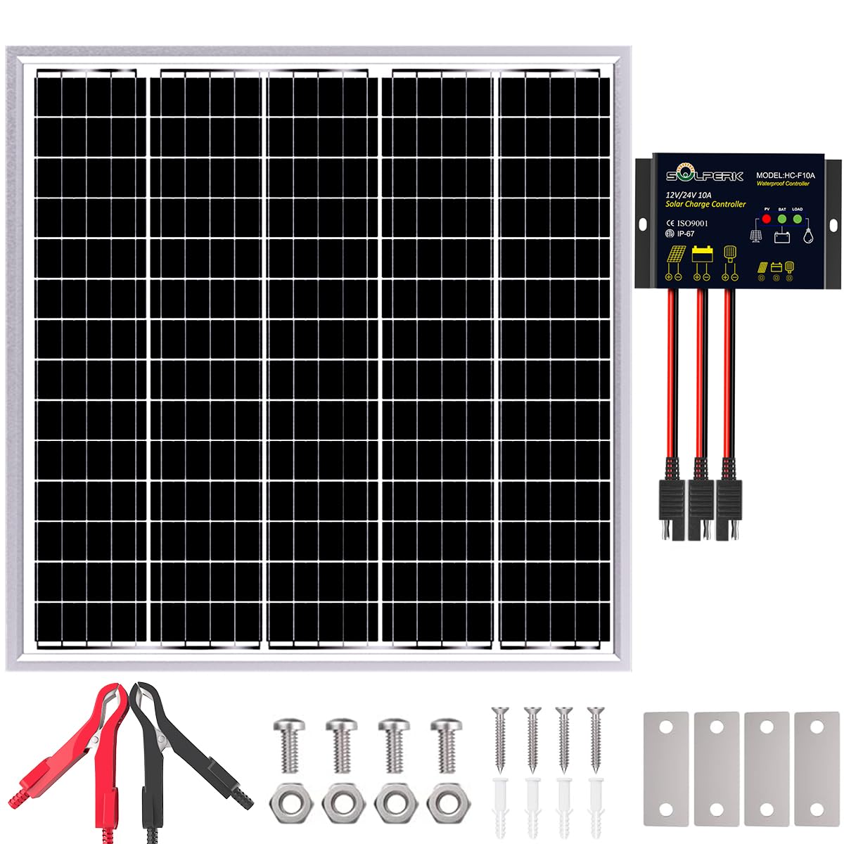 SOLPERK Solar Panel Kit 50W 24V, Intelligent Waterproof 10A PWM Controller, Home Outdoor Solar ...