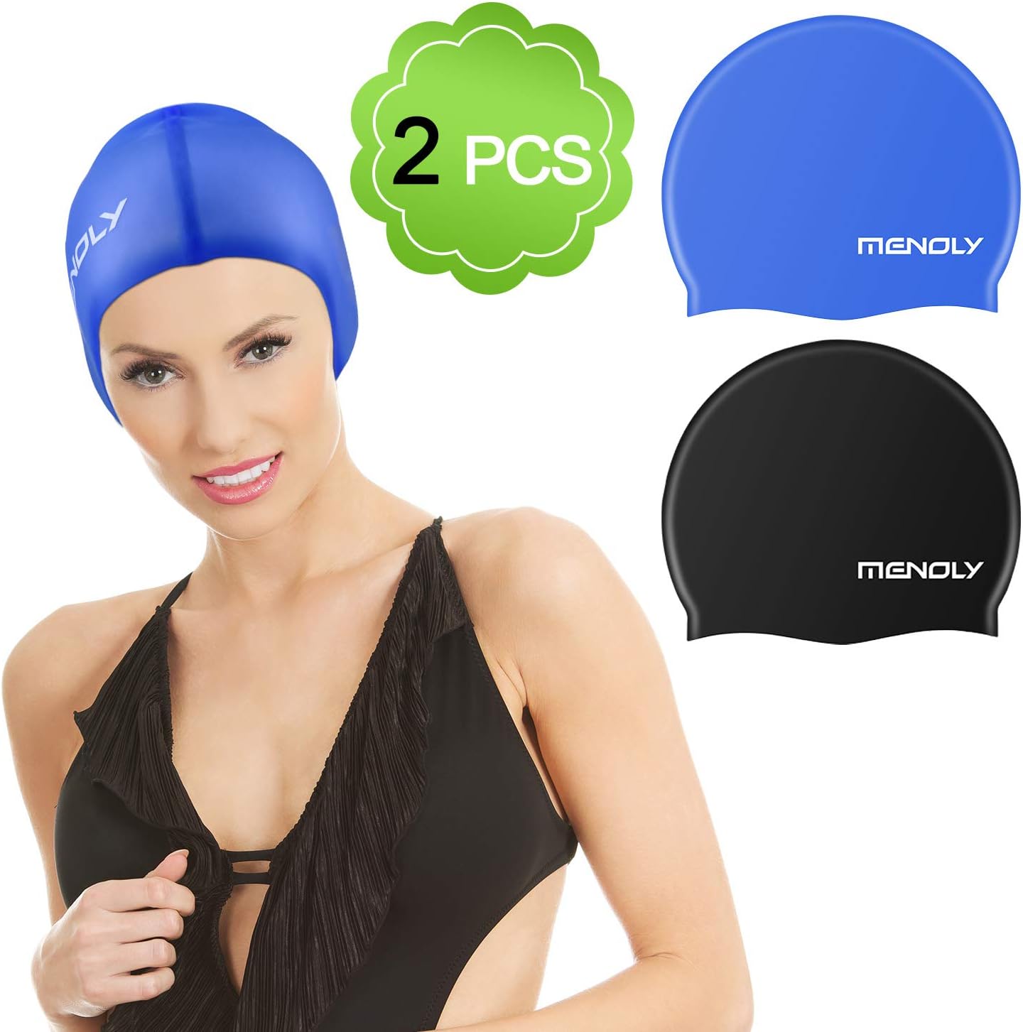 MENOLY 2Pack Silicone Swim Caps Durable Swimming Cap For Long Hair menoly-2pack-silicone-swim-caps-durable-swimming-cap-for-long-hair