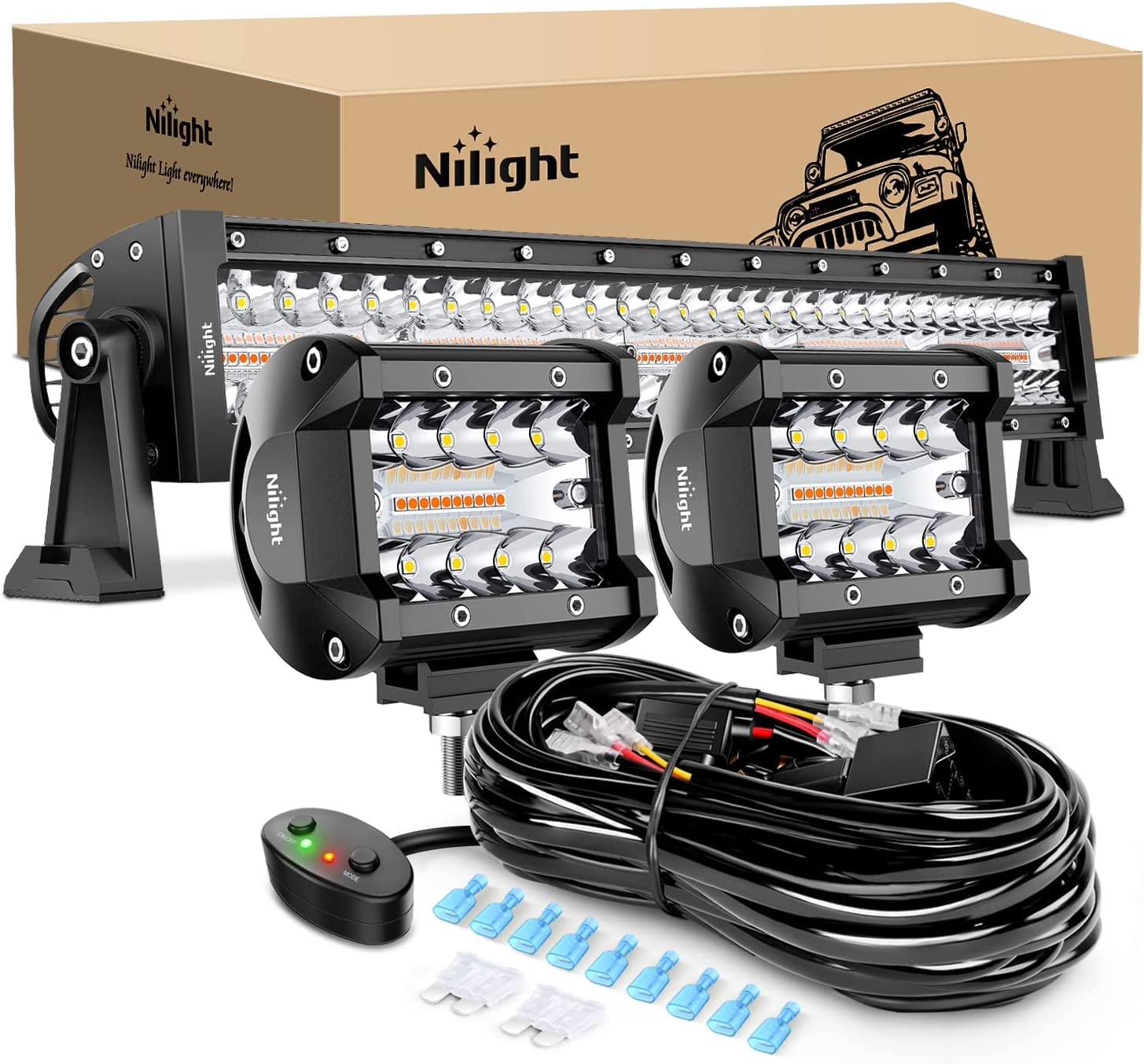 Nilight 22Inch 480W LED Light Bar 2PCS 4Inch 60W Light Pods Amber White ...