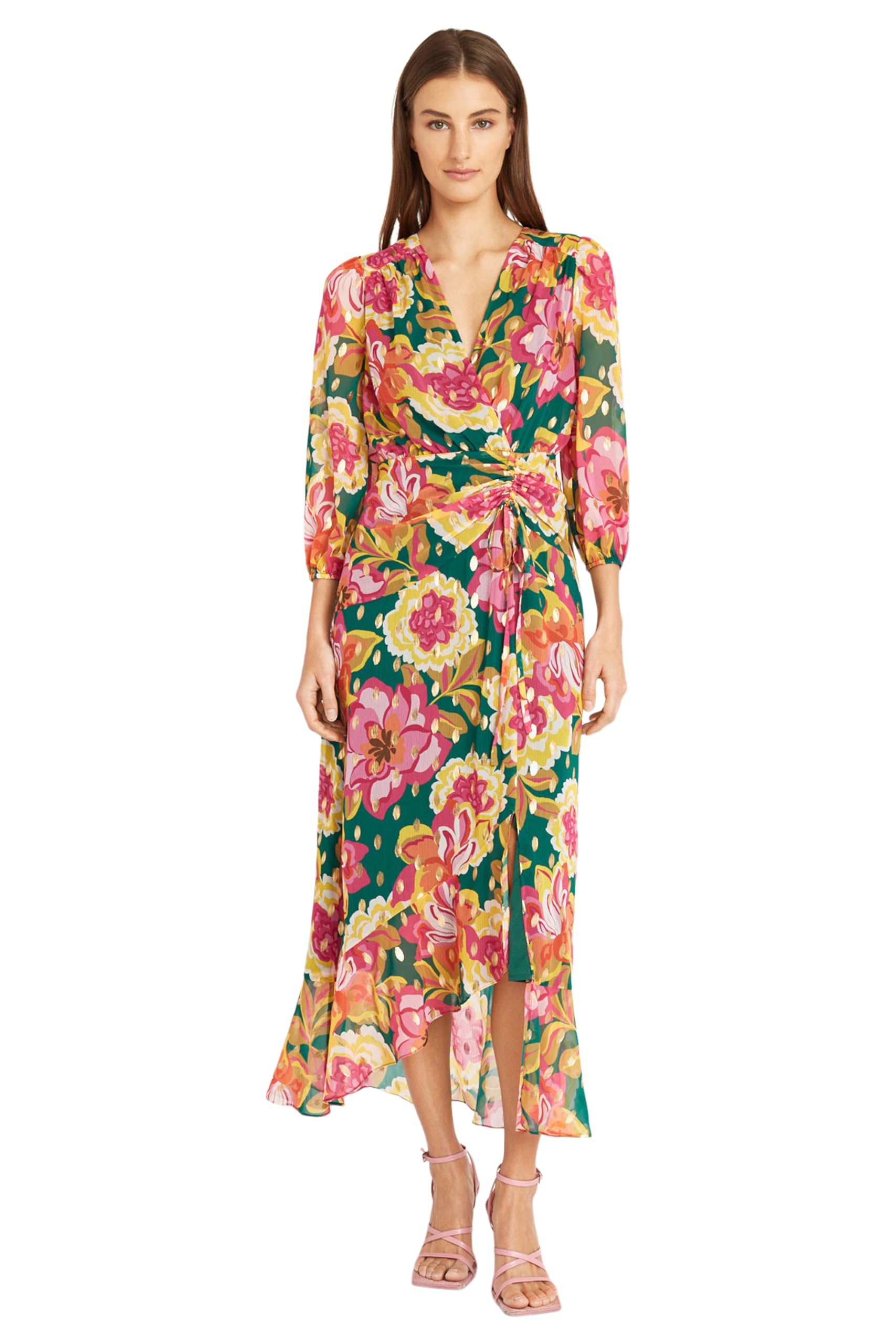 Donna Morgan Women's Foil Printed Wrap Look with Ruching Details | Long ...