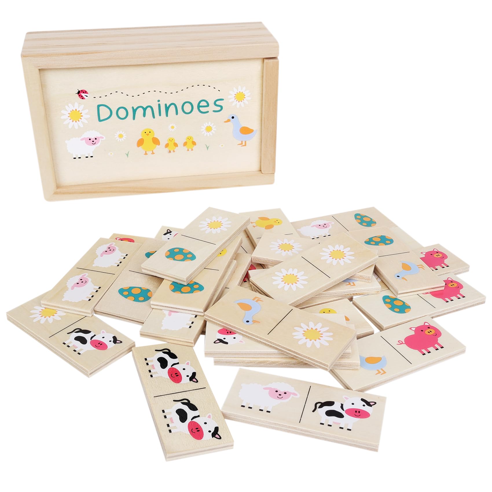 GOTHINK Portable Wooden Dominos Set for Kids - 28 Piece Colorful Farm ...