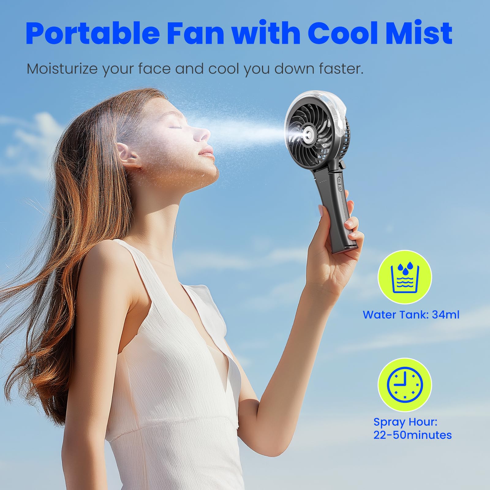 HandFan 2025 Upgraded Portable Misting Fan, Two Button Easy Operation ...