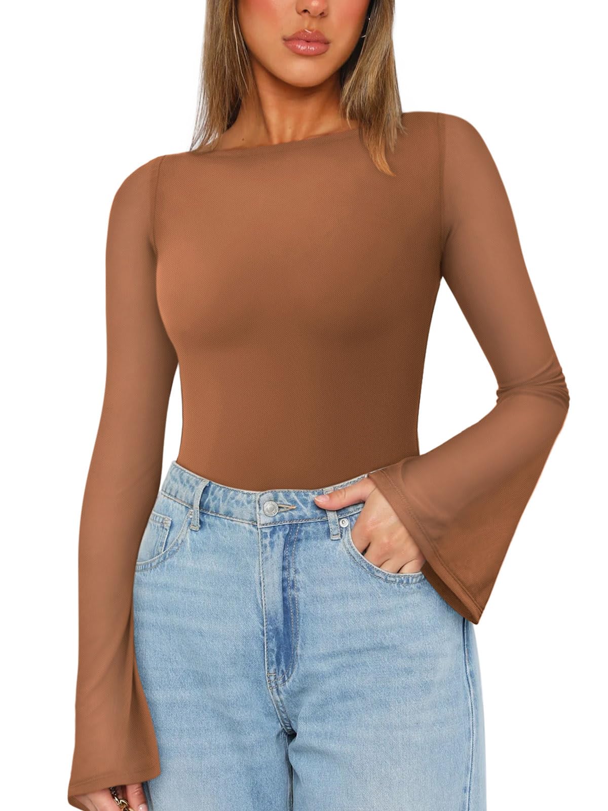 REORIA Women’s Fall Trendy Sexy Boat Neck Long Sleeve Sheer Mesh ...