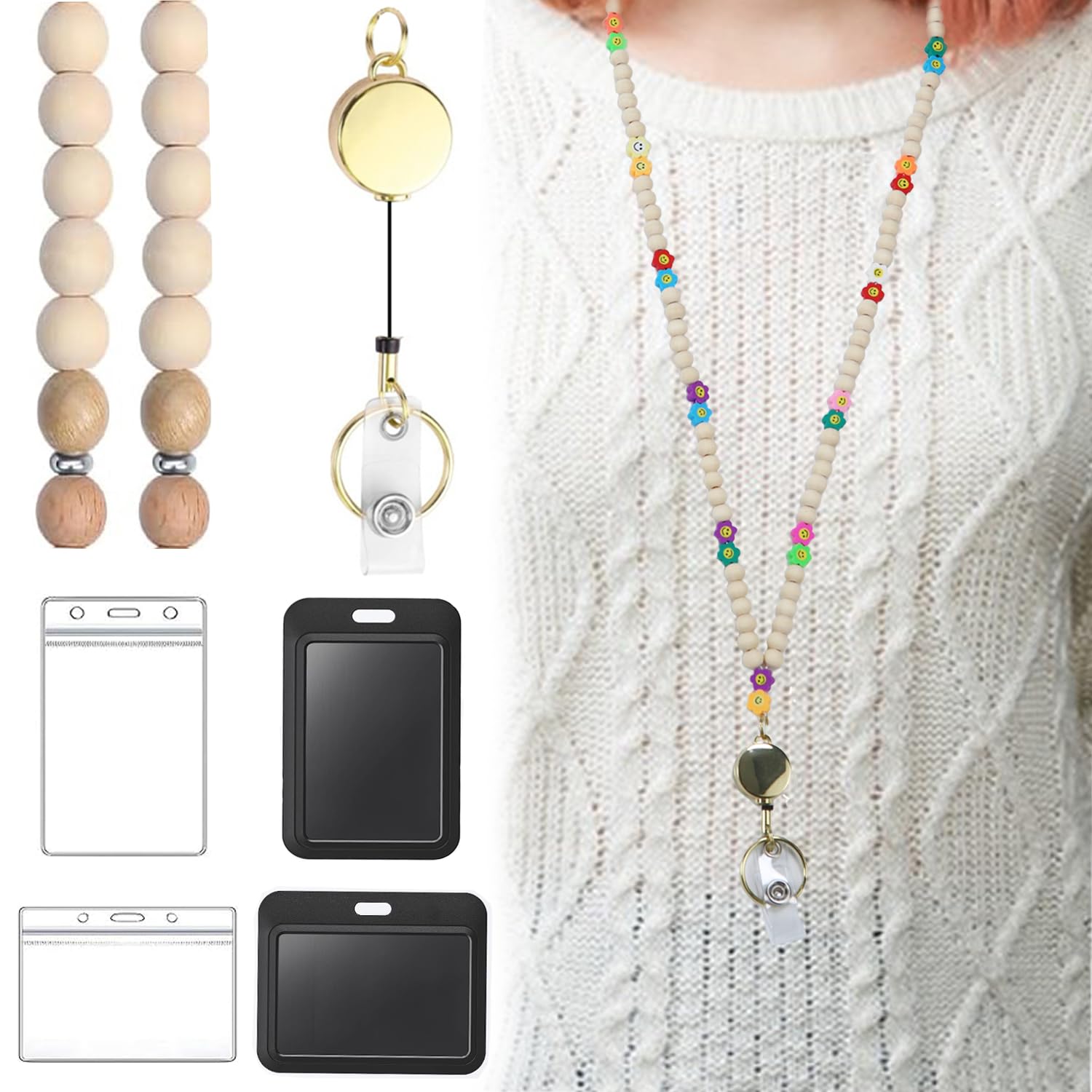 LPEIEB Wooden Bead Lanyard Wooden Lanyard Set Retractable Wooden Bead ...
