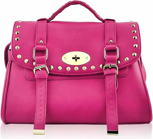 Ladies Designer Pink Fuchsia Leather Look Studded Womens Shoulder ...