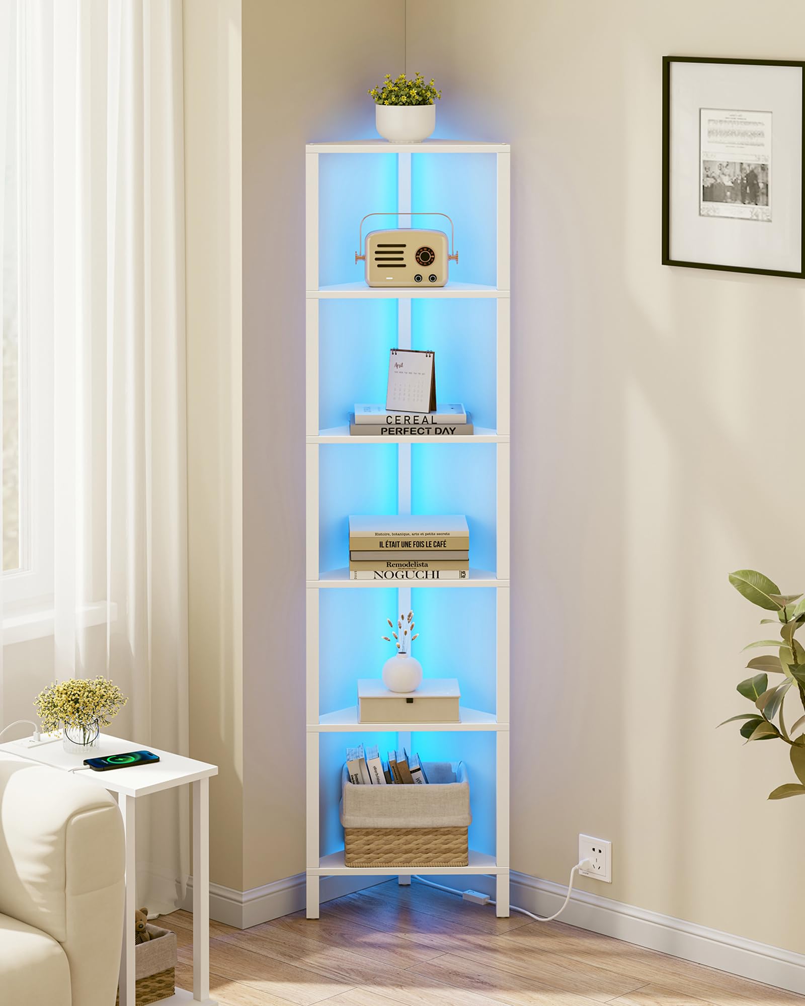 TUTOTAK 6-Tier Corner Bookshelf with LED Light,Corner Shelf for Small ...