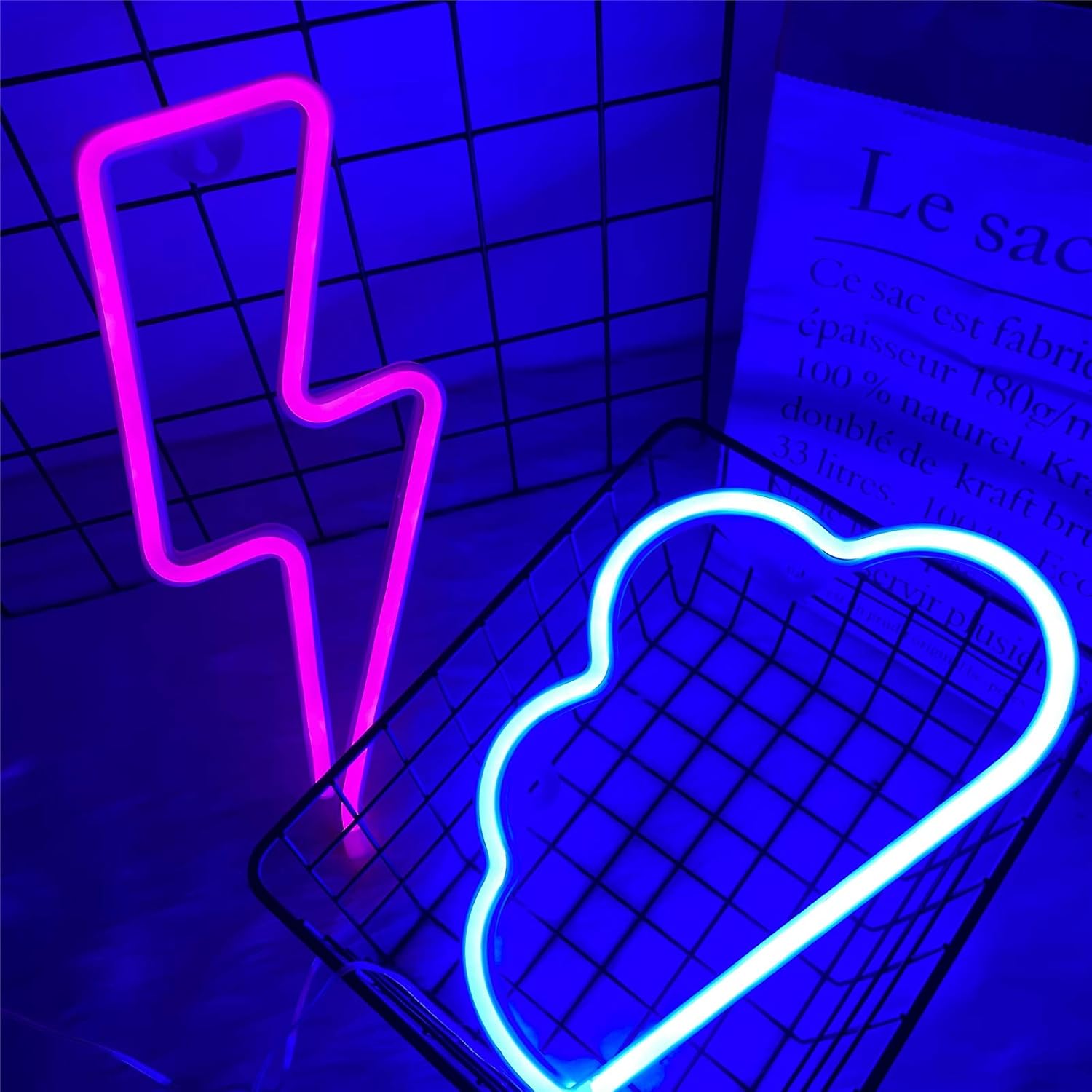 ENUOLI Blue Neon Light Cloud and Neon Sign Lightning Bolt Pink ...
