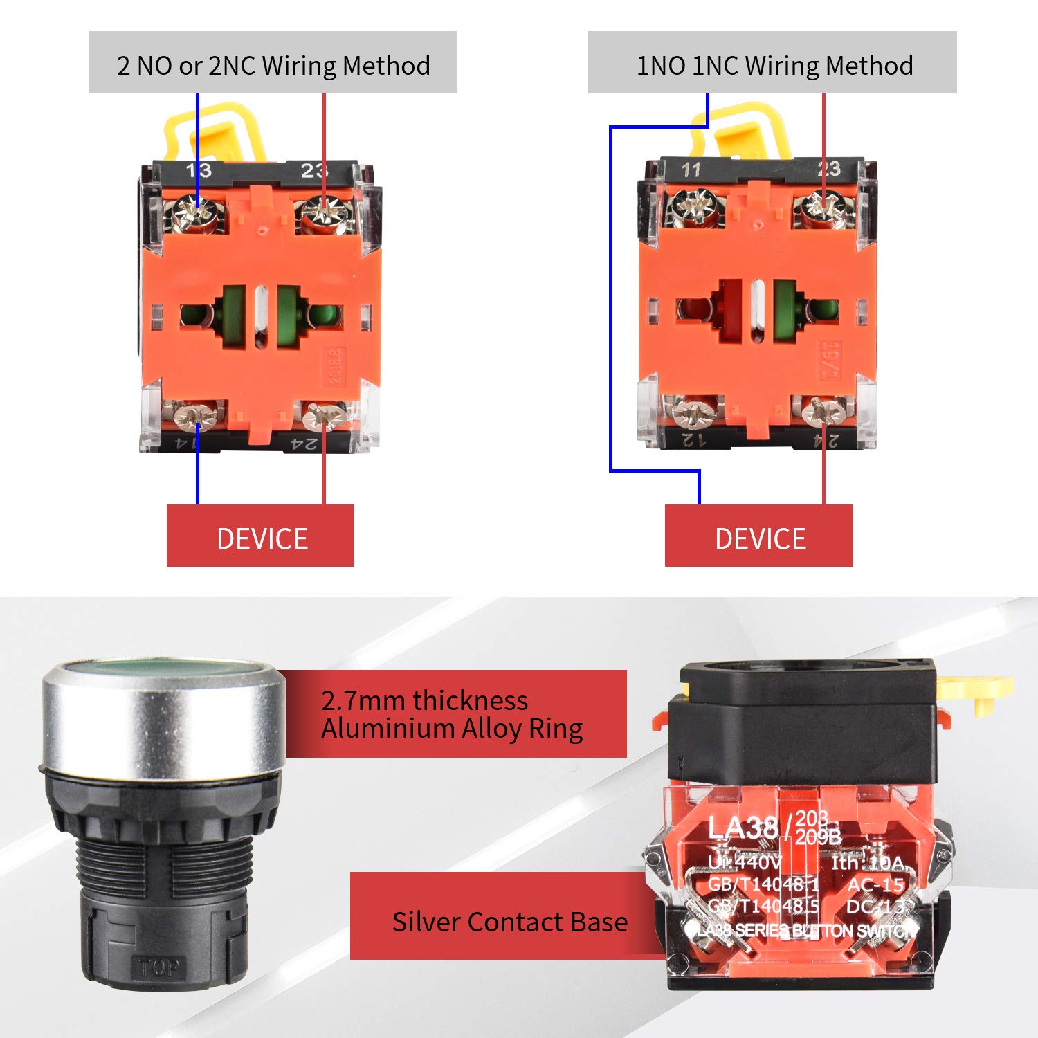 APIELE 22mm Momentary Push Button Switch Plastic Body Metal Head With Led 110-120V AC/DC (Red ...