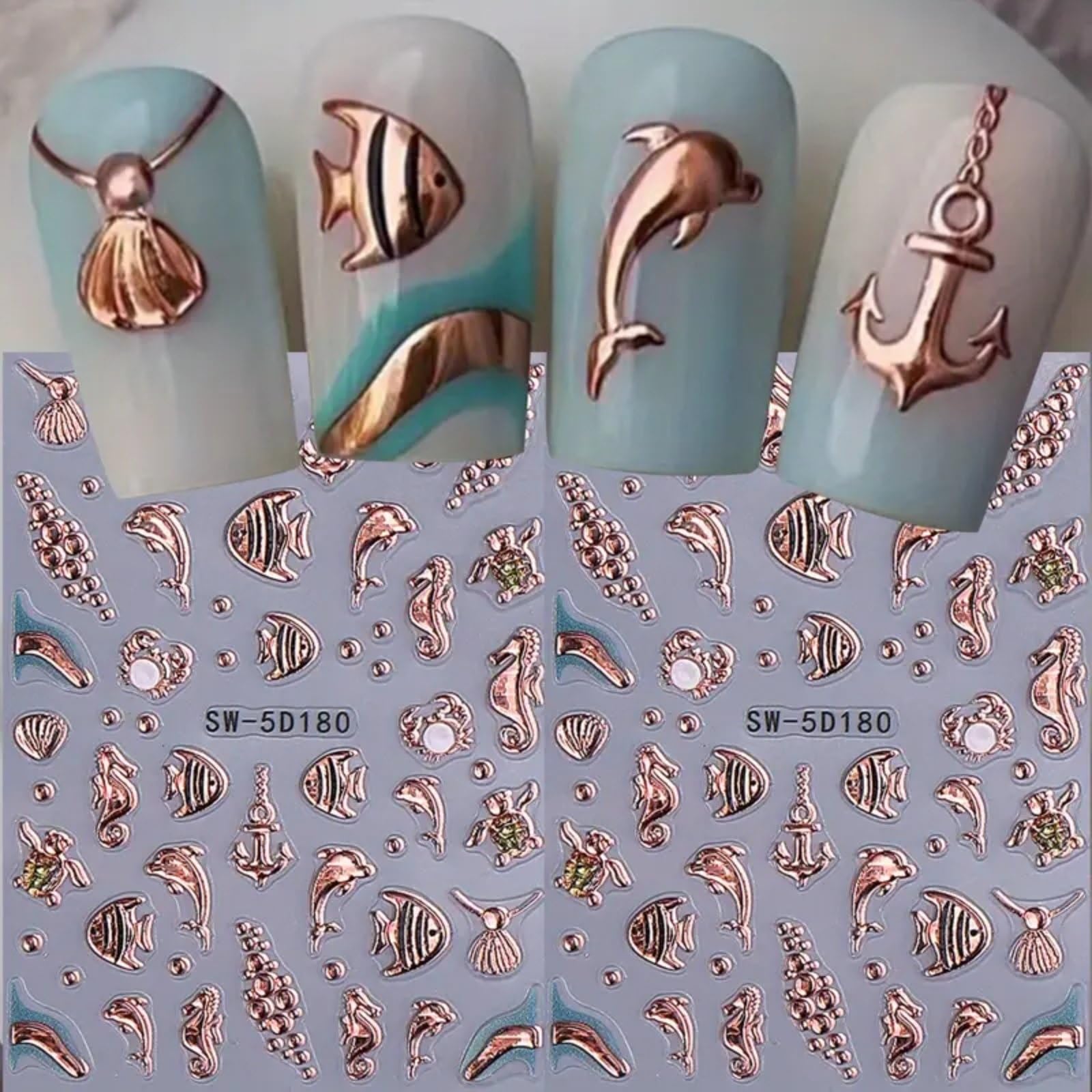 Ocean Nail Art Stickers 5D Embossed Rose Gold Nail Decals Fish Turtle ...