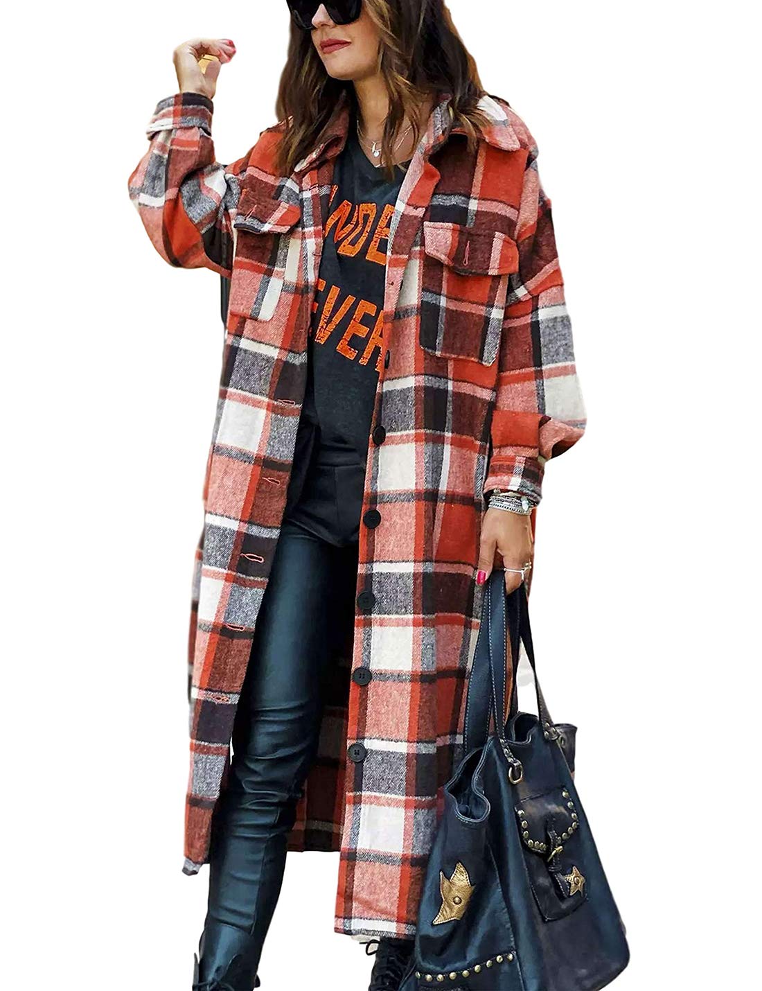 Omoone Women's Flannel Plaid Shacket Fall Oversized Long Button Down ...