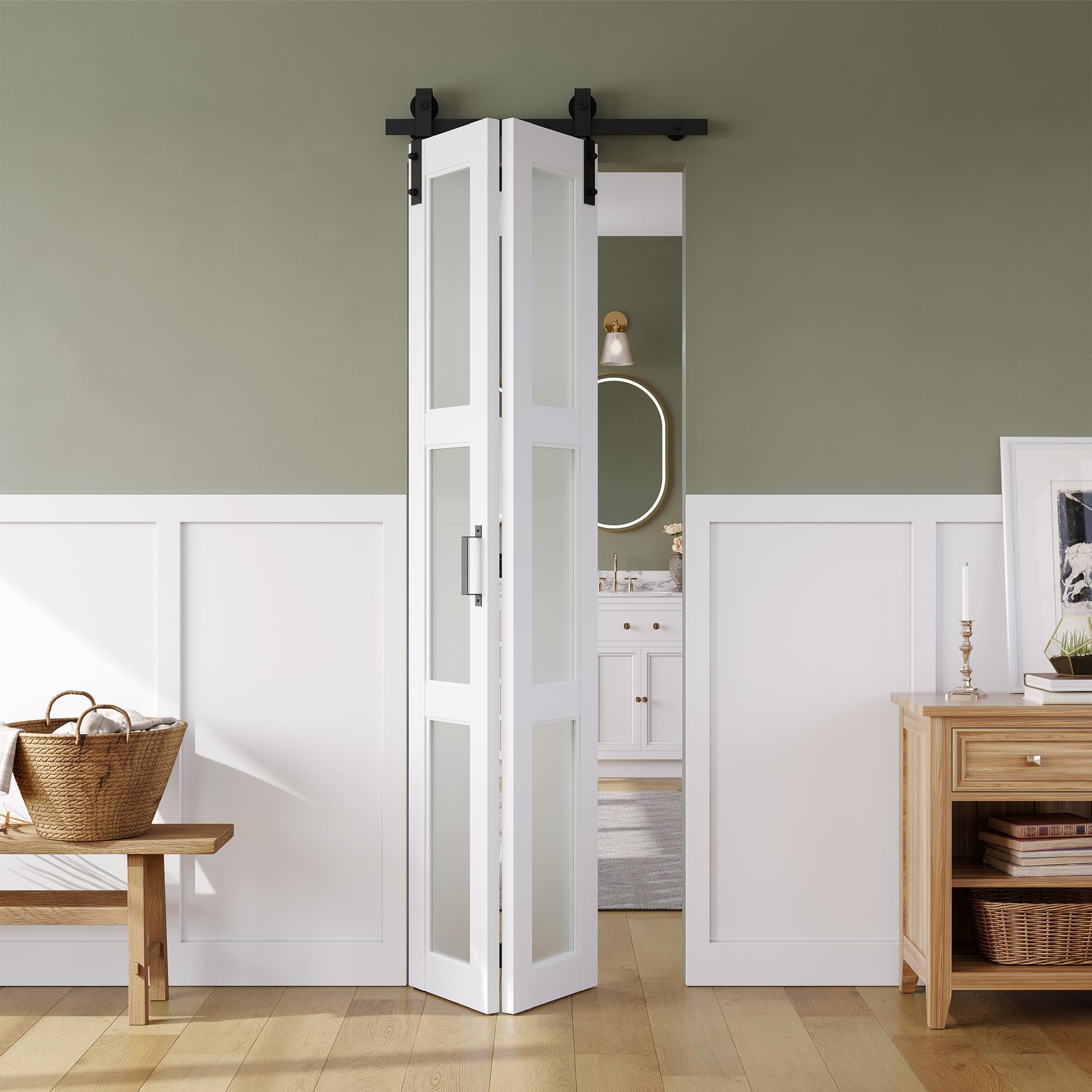 SMARTSTANDARD 48in x 84in Bifold Barn Door, Frosted Glass Barn Door ...