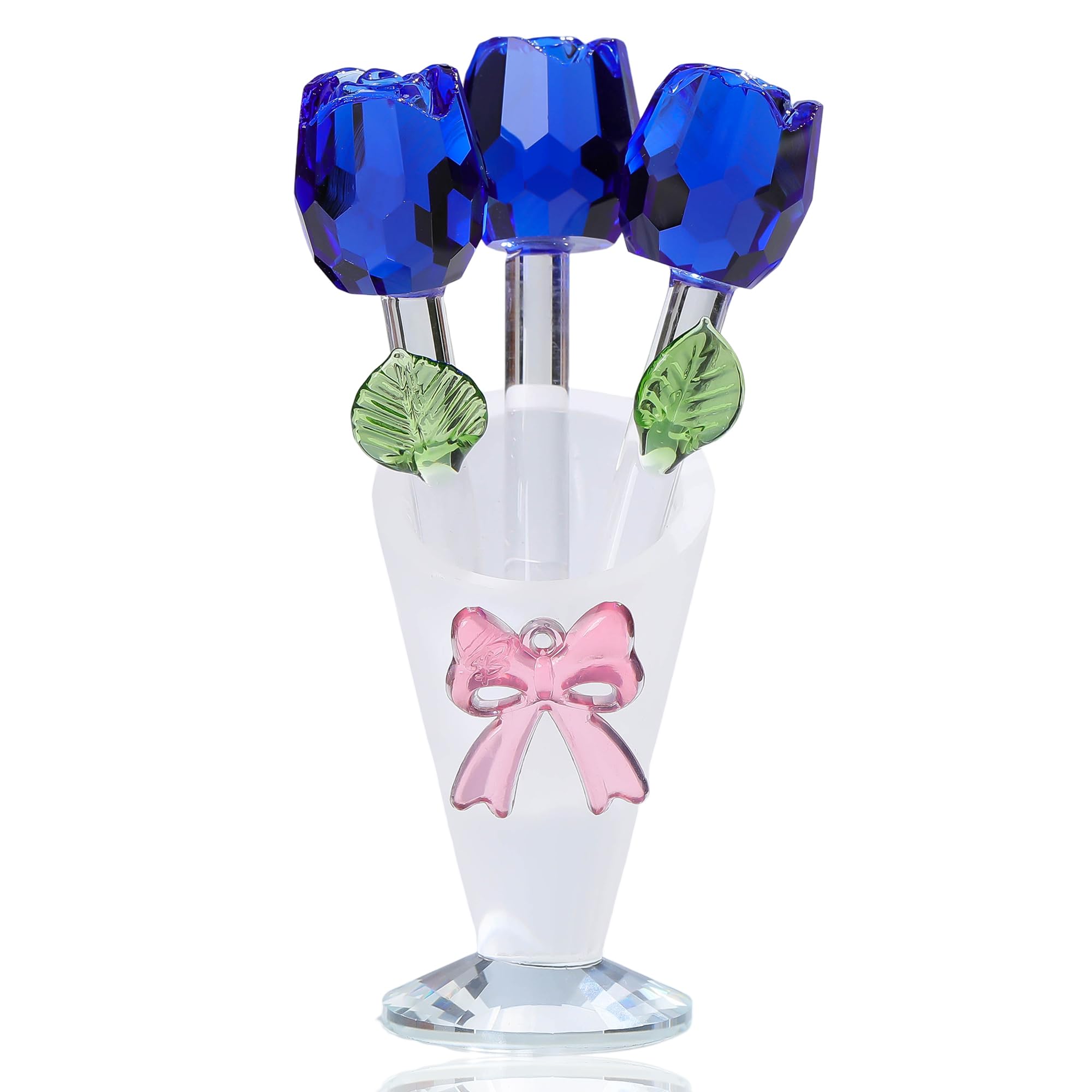 Blue Rose Flower Crystal Figurine with Stems Collectible Statue Triple ...