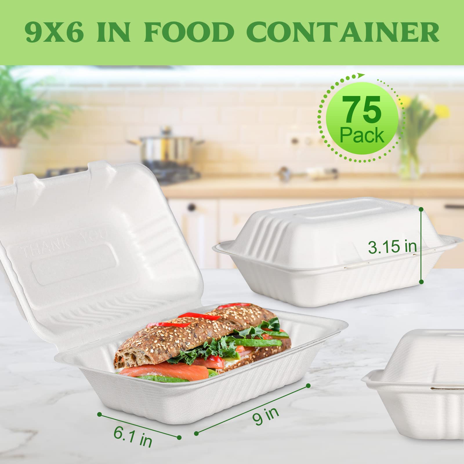 Mua Clamshell Take Out Food Container 75 Pack, 9 x 6 Compostable To Go ...