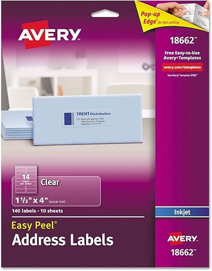 Avery 18662 Easy Peel Clear Shipping Labels for Inkjet Printers, 1-1/3 ...