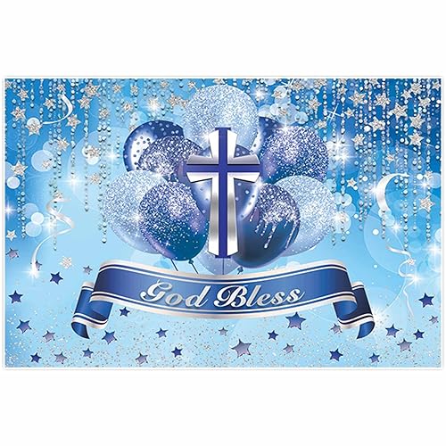 Allenjoy 68" x 45" Blue and Silver God Bless Backdrop Baptism First ...