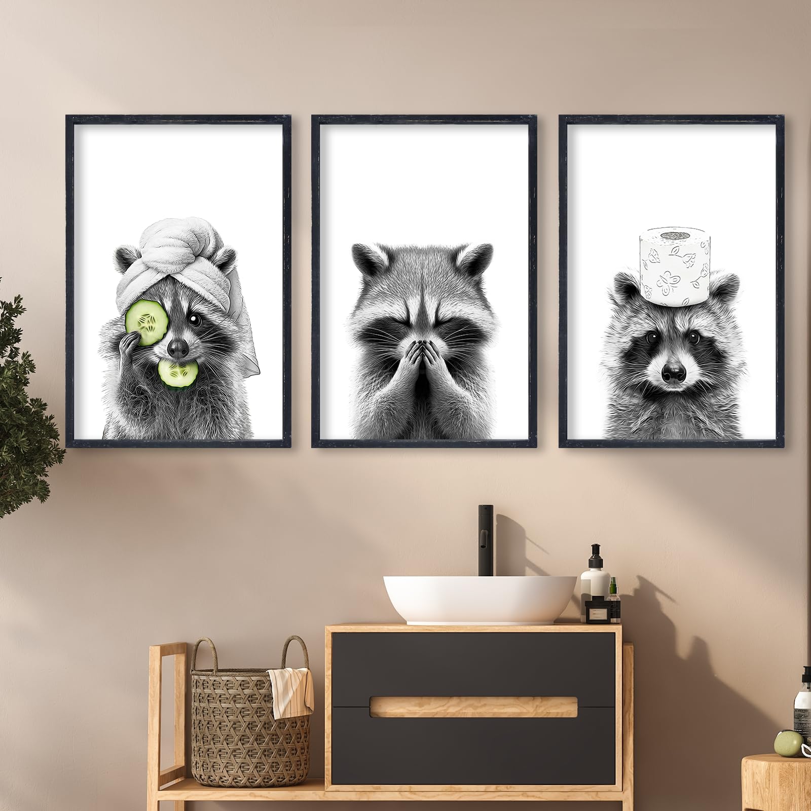 Funny Bathroom Adorable Raccoon Wall Art Decor 16x11 Inch Set Of 3 ...