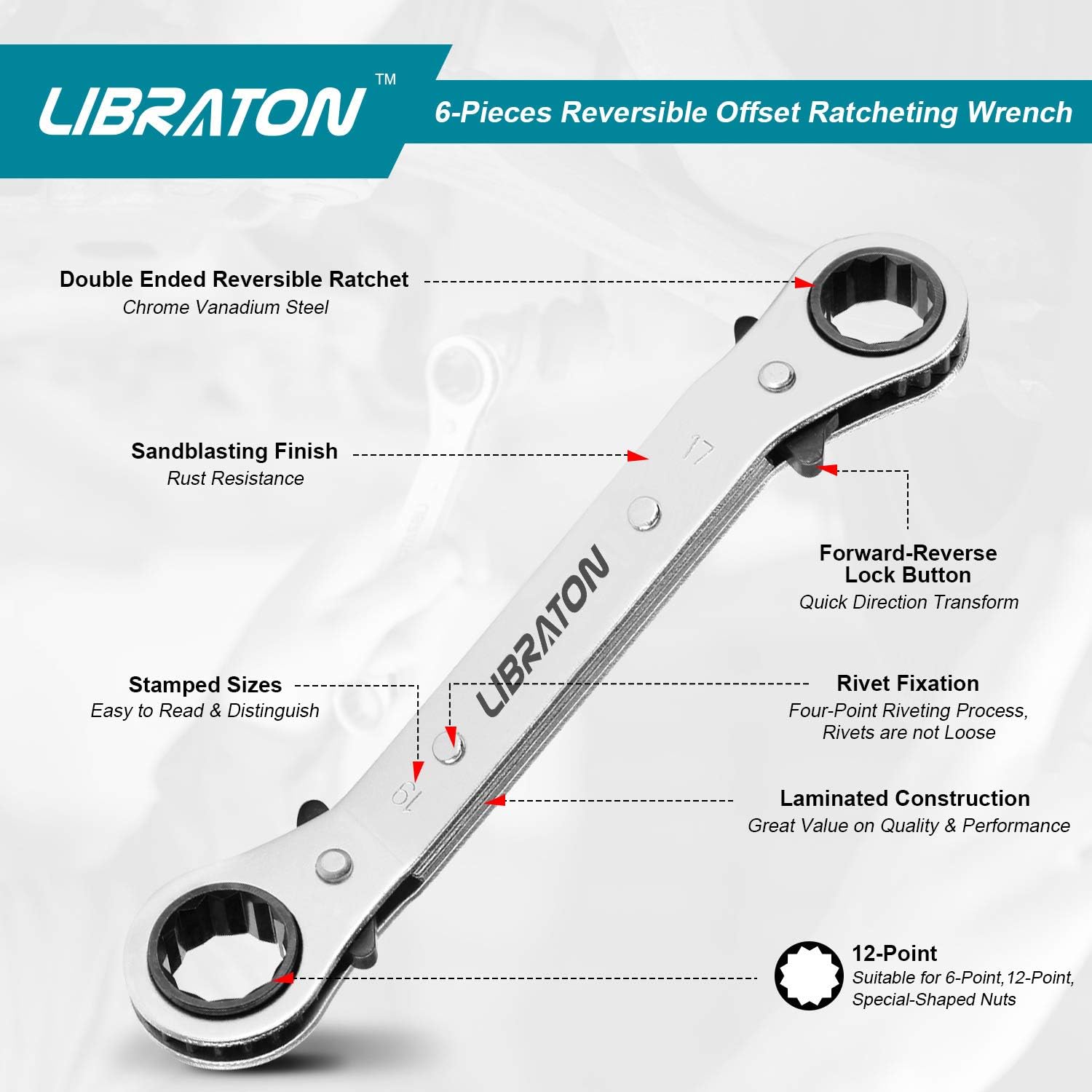 Libraton 6-Pieces Reversible Offset Ratcheting Wrench Set, Metric ...