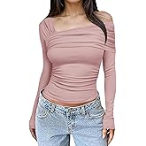 Darong Women's One Off Shoulder Long Sleeve Tops Ruched Going Out Crop ...