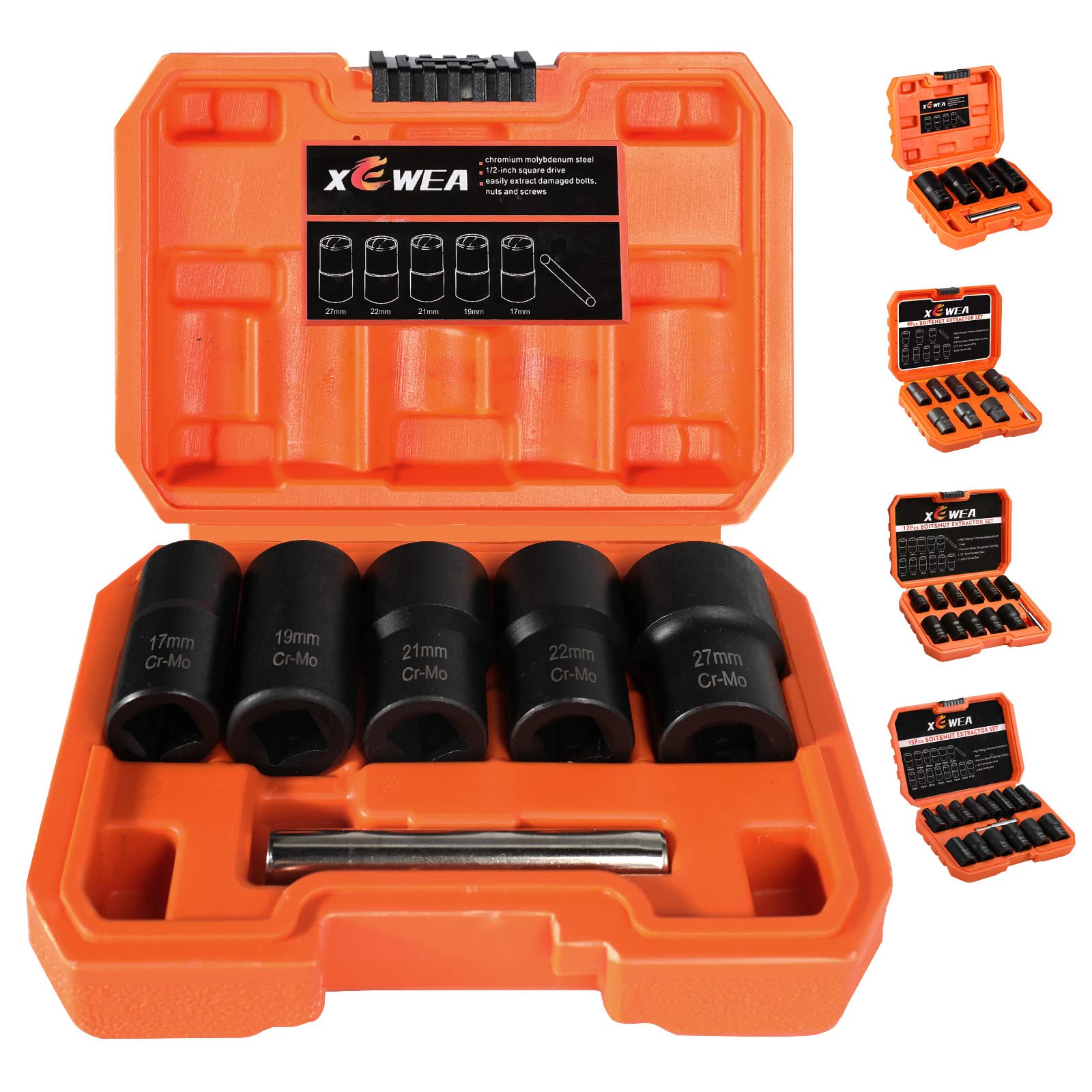 XEWEA Twist Socket Set with Center Punch Bar, 6PCS 1/2" Drive Metric ...