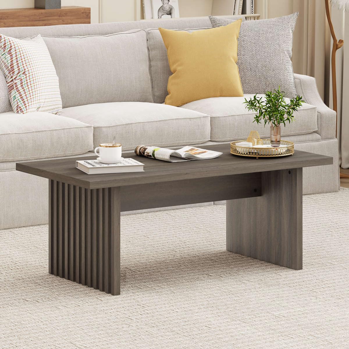 BON AUGURE Fluted Coffee Table, Wood Living Room Tables, Rectangle ...
