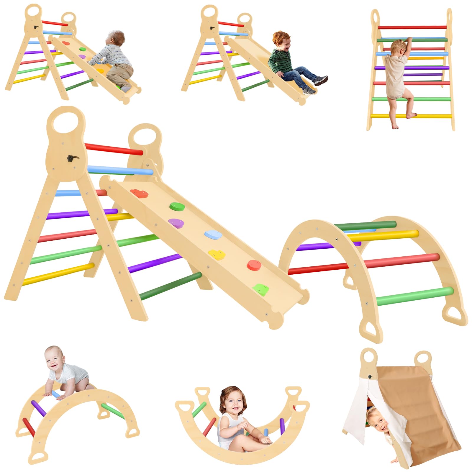 7 in 1 Pikler Triangle Set, Foldable Toddler Baby Climbing Toys, Wooden ...