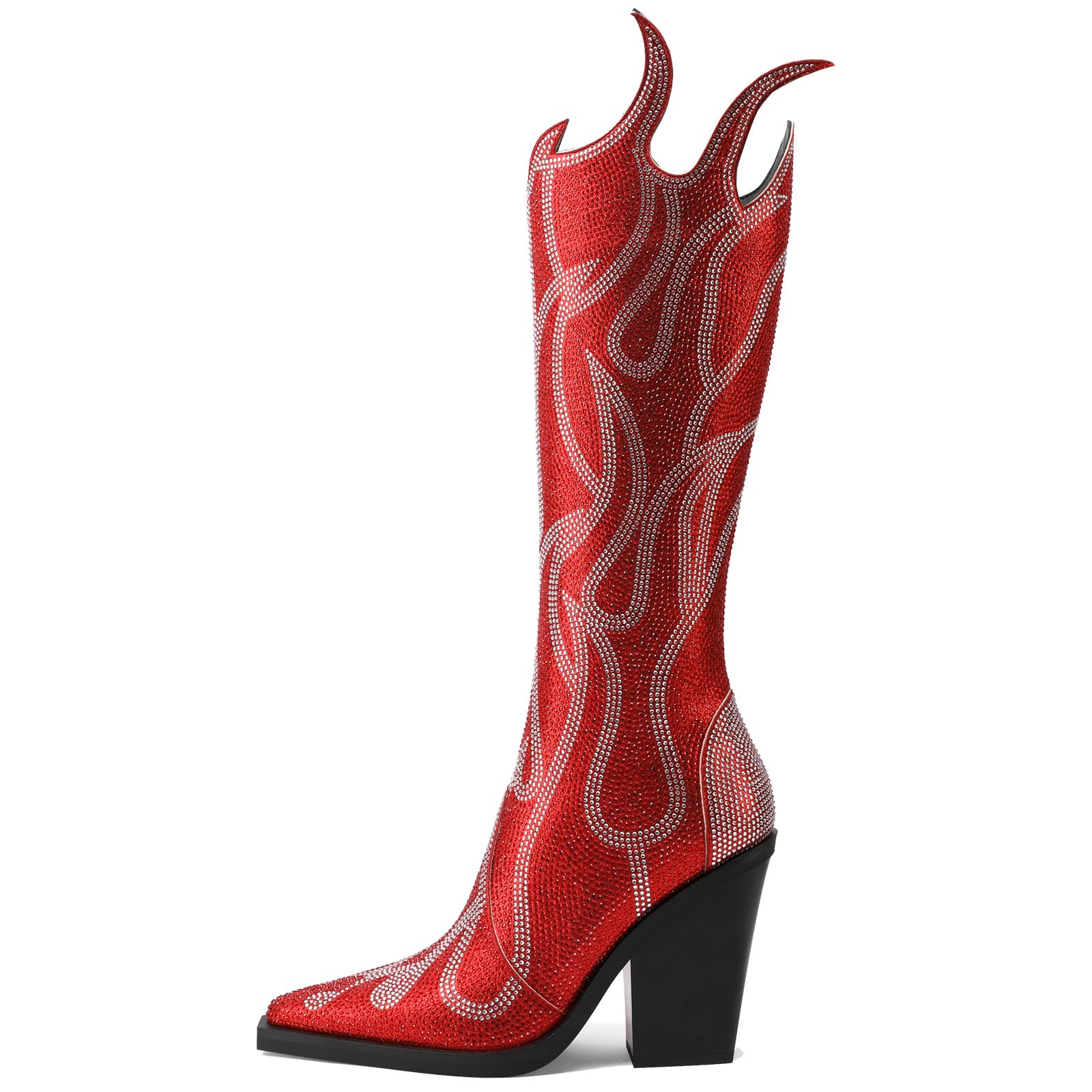 YIYA Women's Red Rhinestone Flame Pattern Knee High Boots Pointed Toe ...