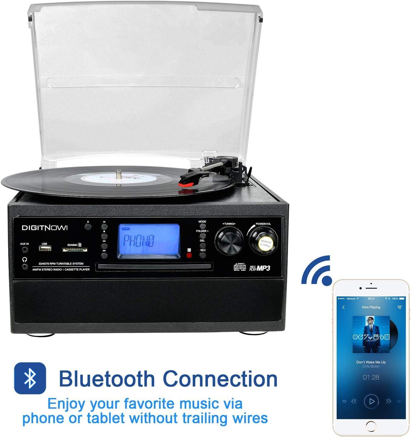 DIGITNOW! Bluetooth Viny Record Player, Turntable for CD, Cassette, AM ...