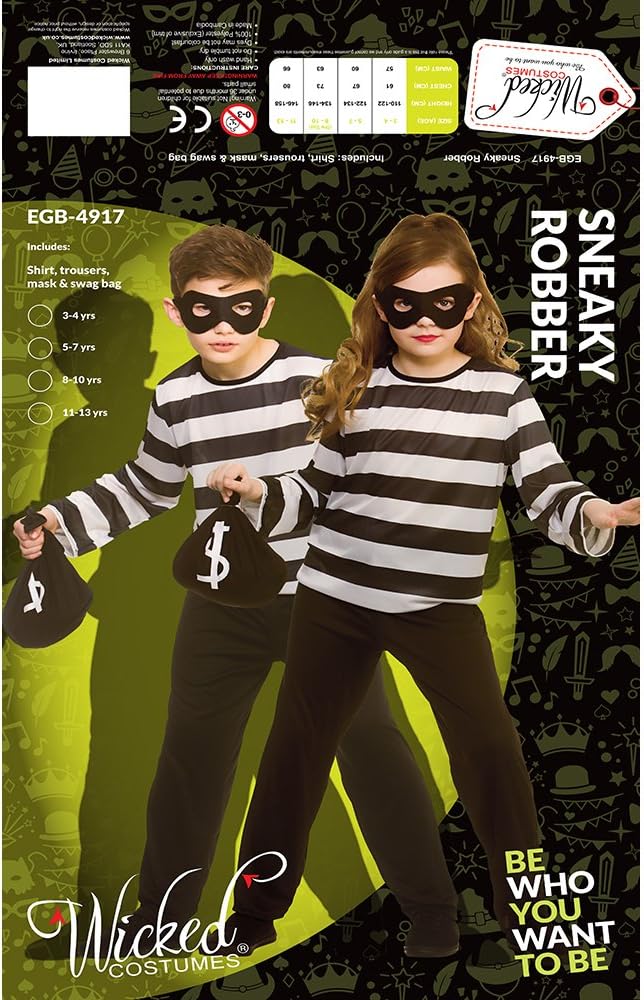 Kids Unisex Black/White Sneaky Robber Medium Fancy Dress Burglar ...