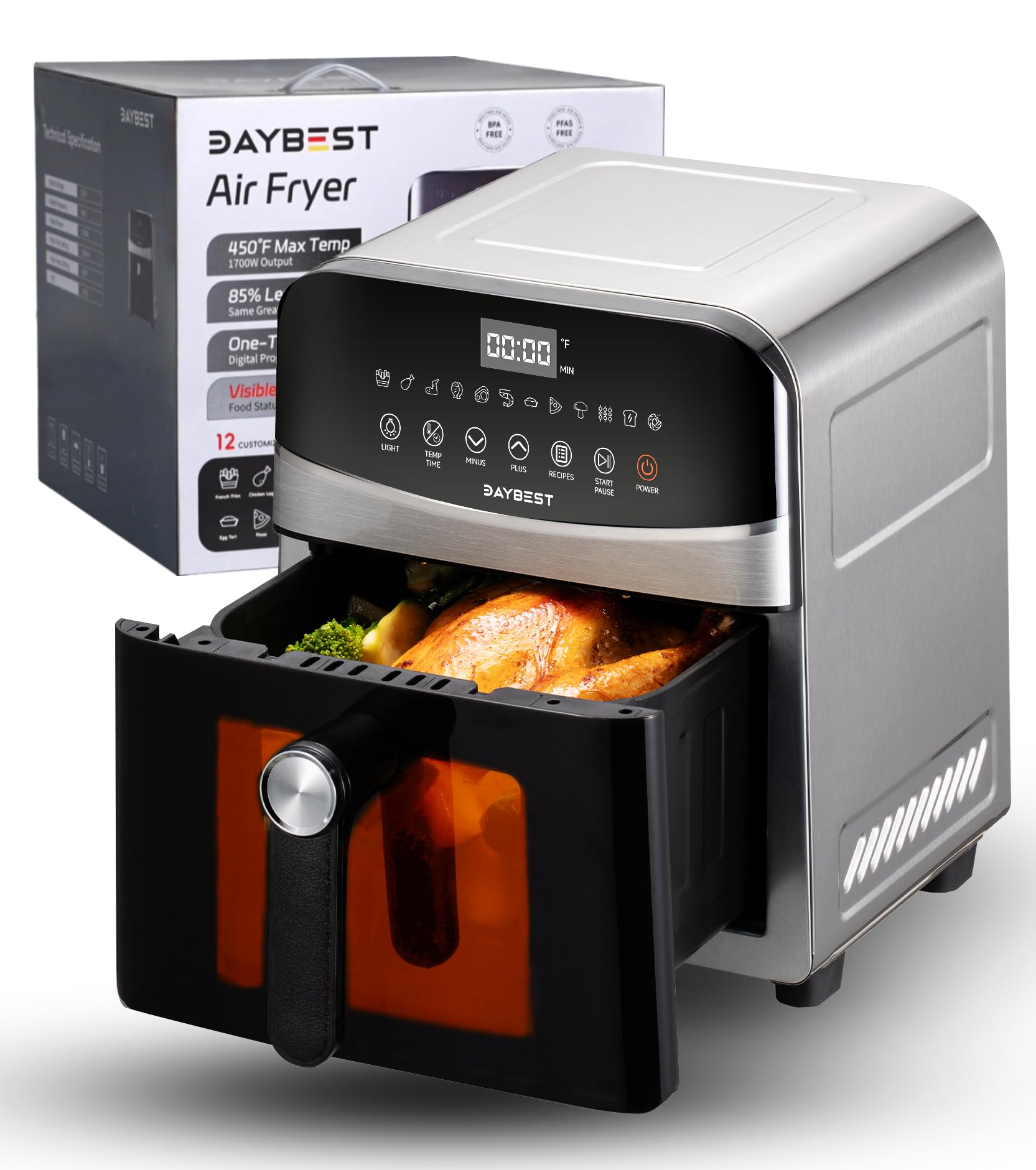 Stainless Steel Air Fryer Ceramic, DAYBEST 1700W Visible Air Fryer ...
