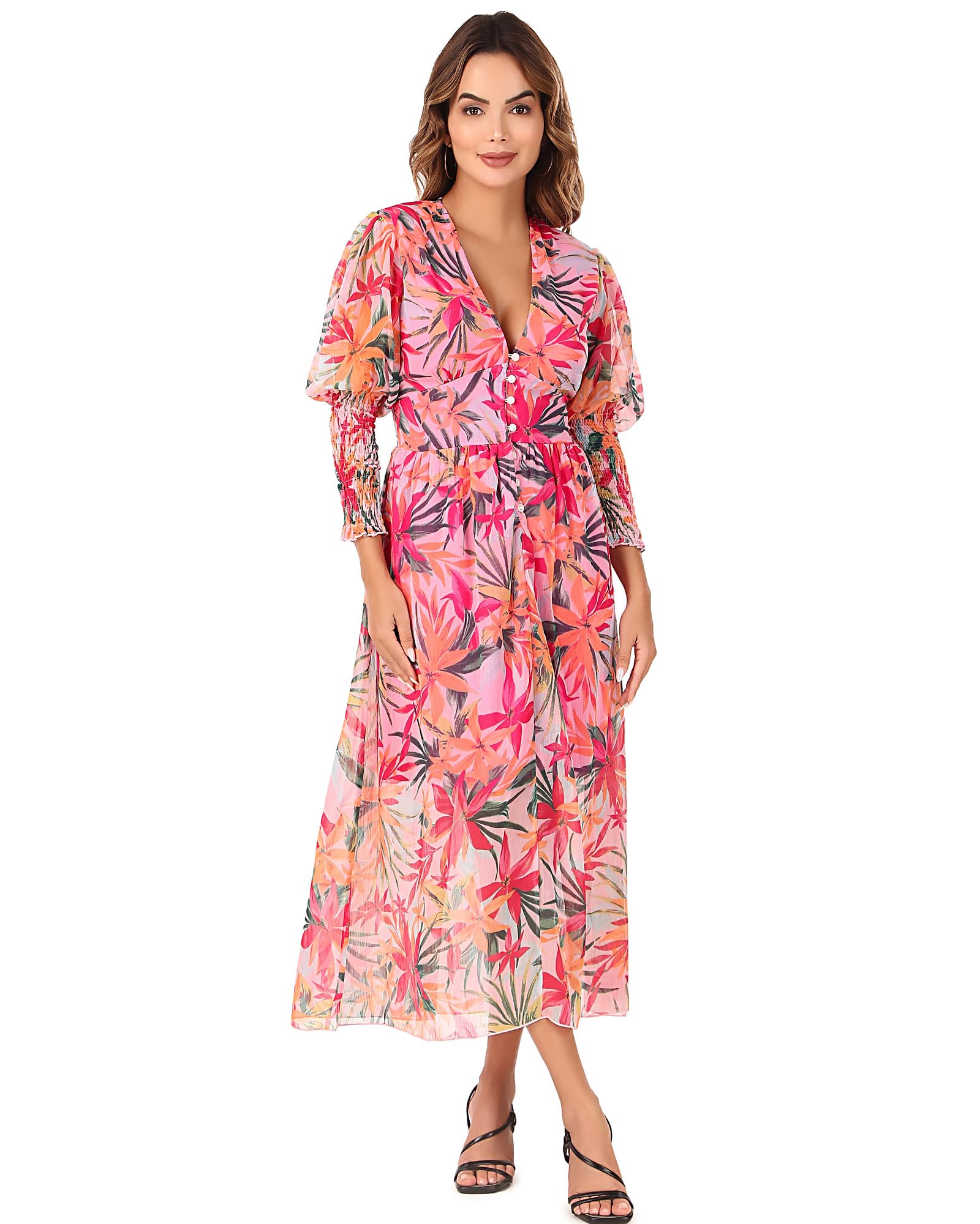BoheeWohee Womens Boho CottageCore Smoked Cuff Floral Midi Chiffon ...