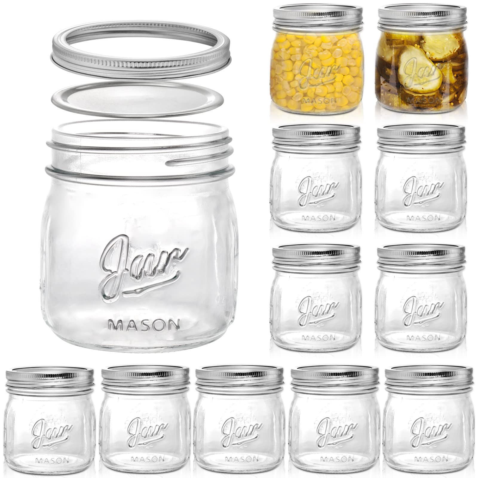 Lyellfe 12 Pack Wide Mouth Mason Jar, 16 Oz Glass Canning Jars with ...
