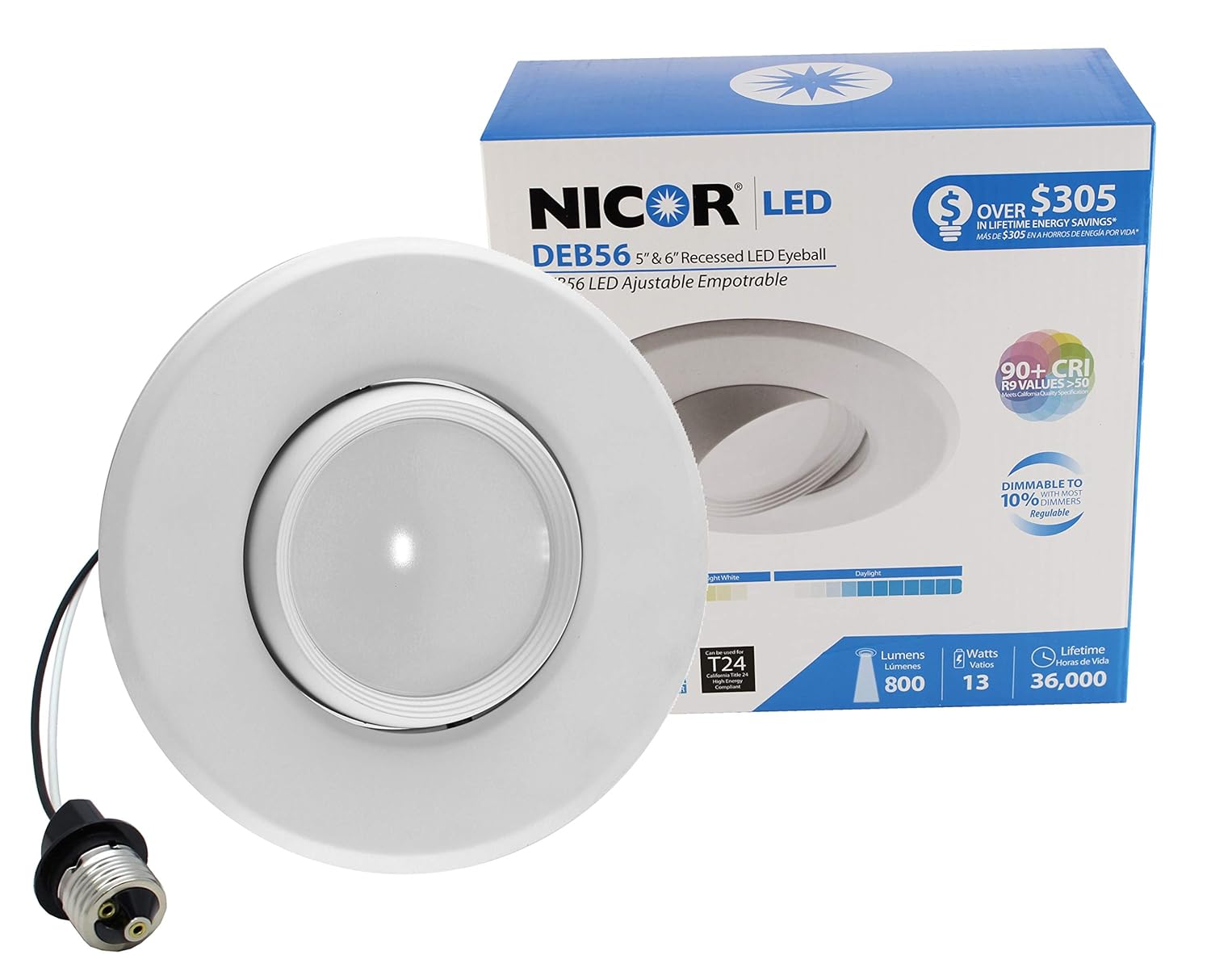 DEB56-20-120-4K-WH NICOR Lighting 5/6-Inch Dimmable 4000K Adjustable ...