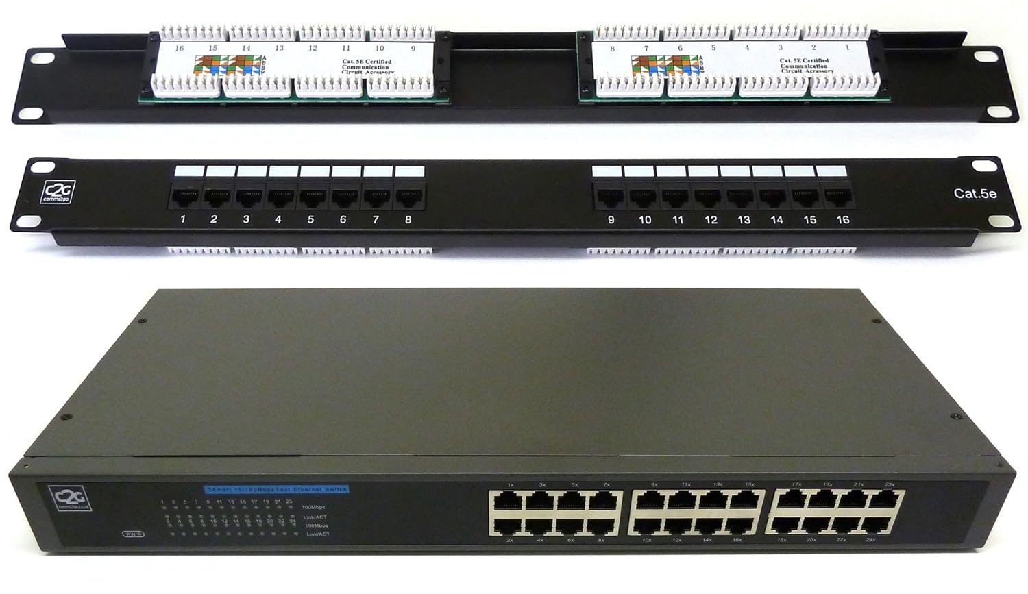 24 Way Switch & 16 Port Cat 5e Patch Panel - 19" Rack Mount Kit RJ45 ...