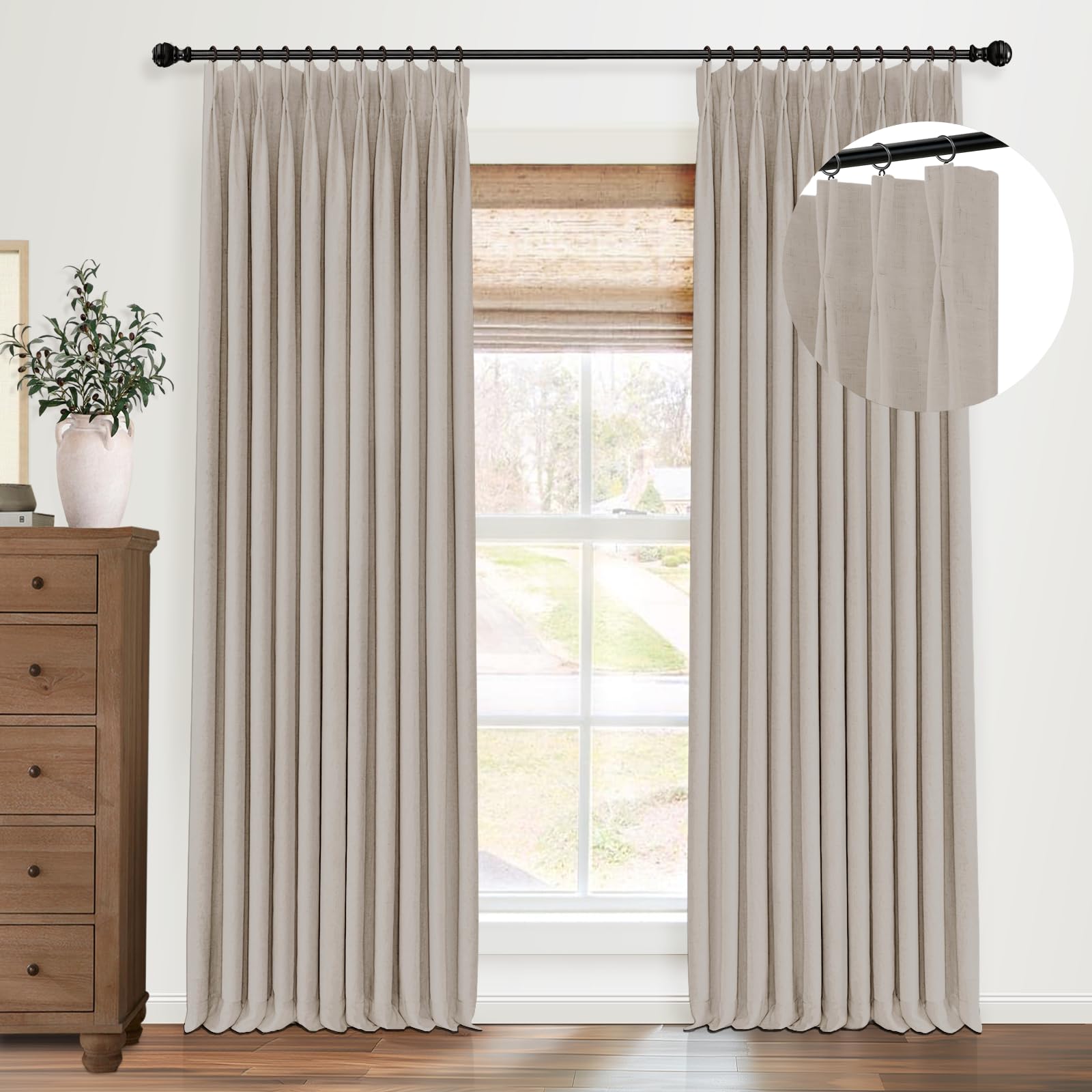 CAPALOCA Linen Pinch Pleated Curtains 100% Blackout Curtains Pinch ...