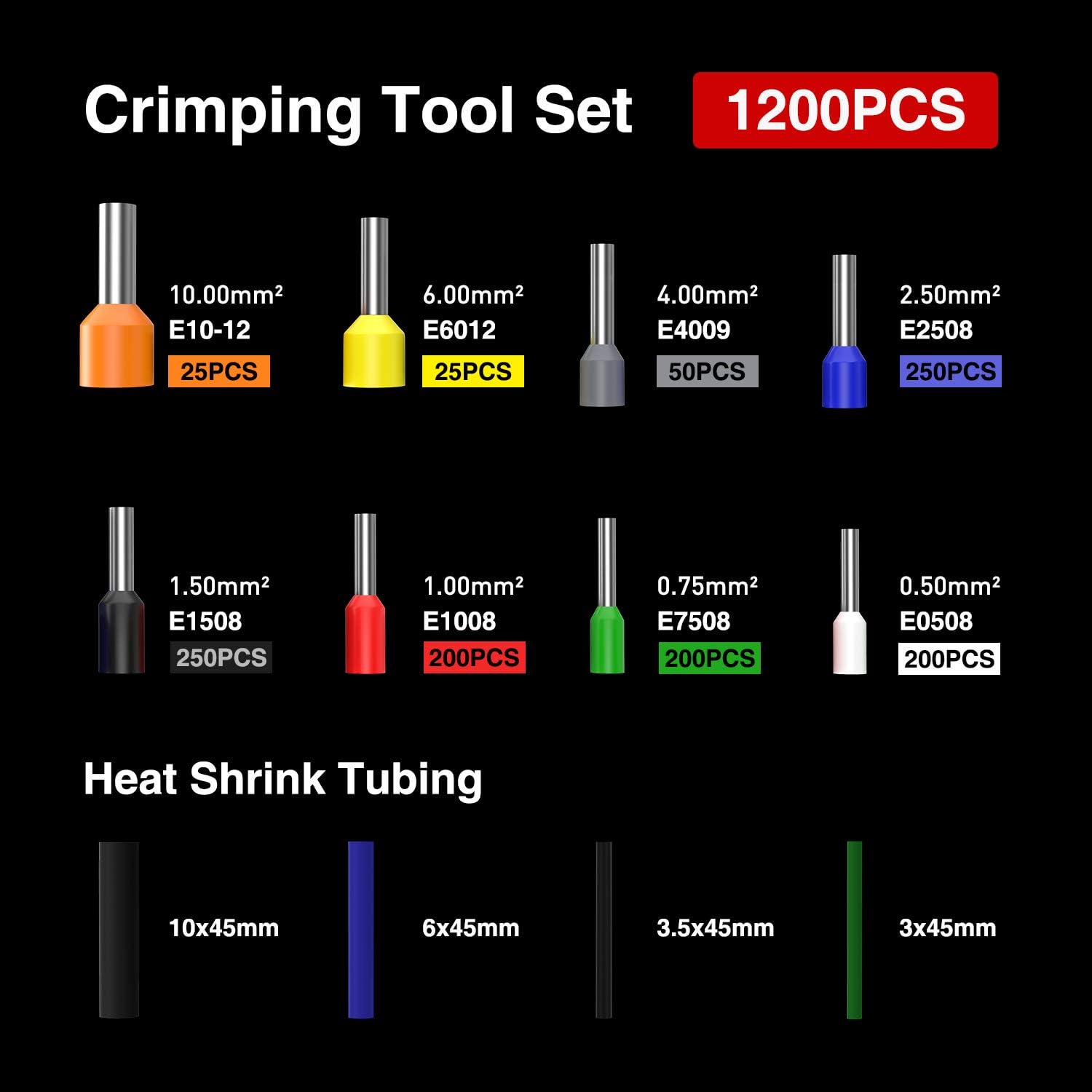 Insulated Cable lugs Toolkit 0.5-10mm² Wire end Insulating Sleeves 1200 ...