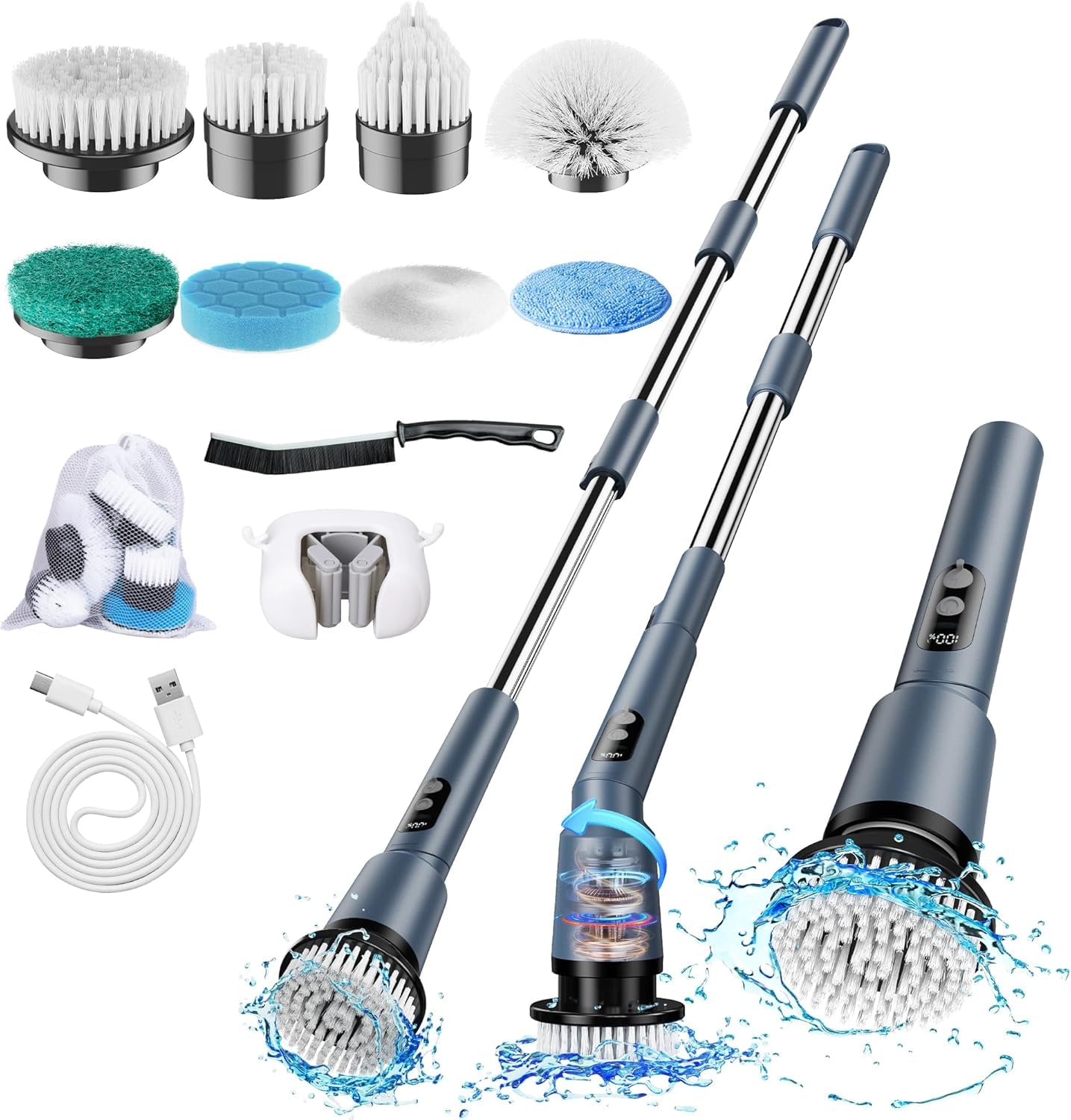 Electric Spin Scrubber, IPX7 Waterproof Cordless Cleaning Brush with 8 ...