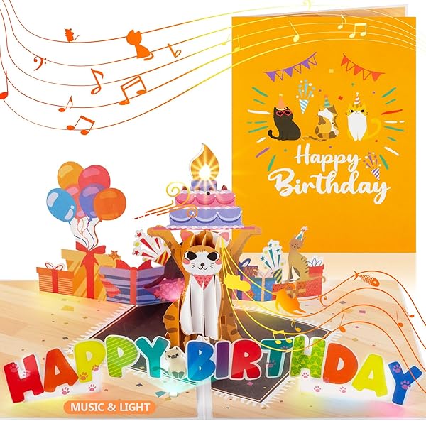 Funny 4D Birthday Card with Cat Mewing Music and Blowable LED Light ...