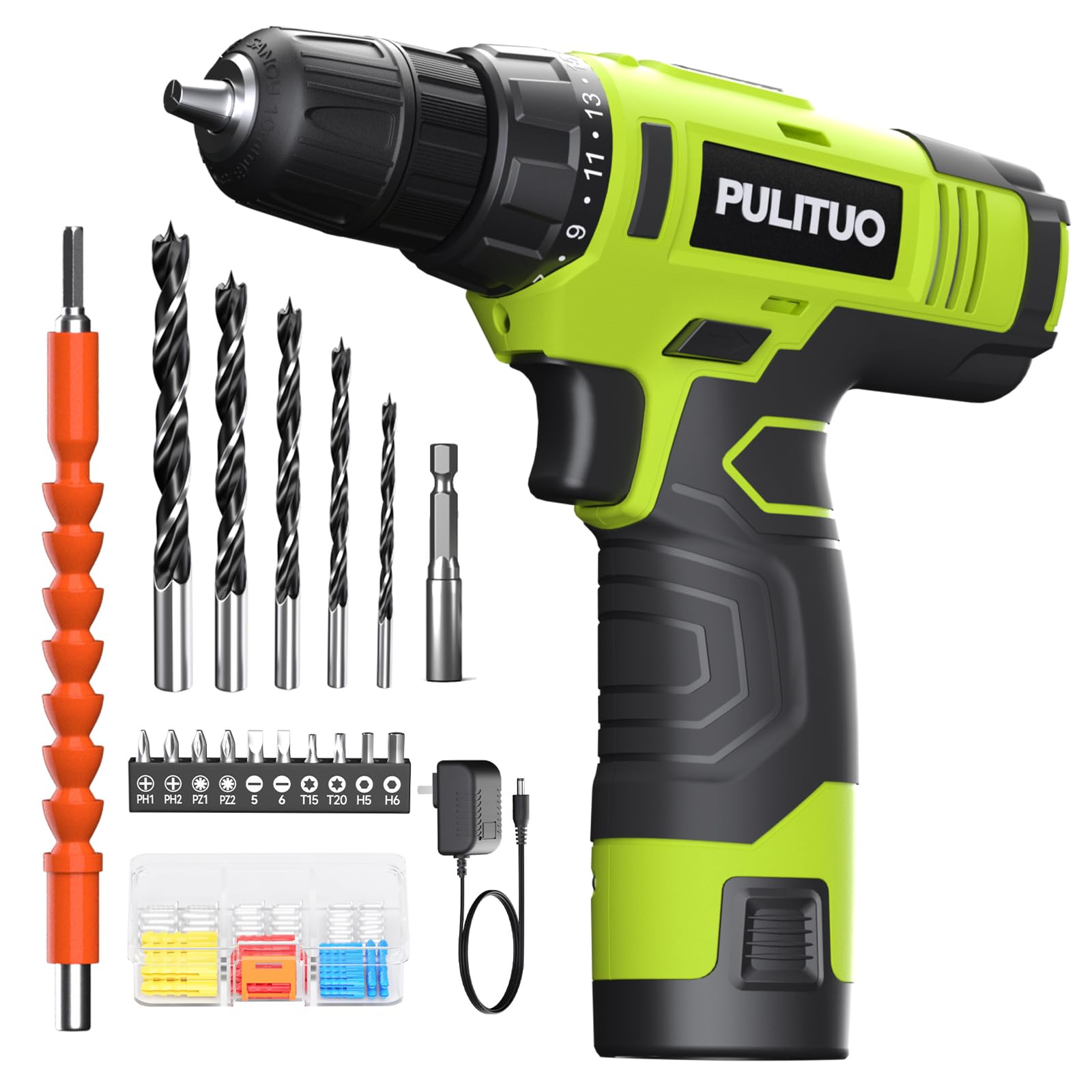 PULITUO 12V Green Cordless Drill Set Power Drill Kit with Battery and ...