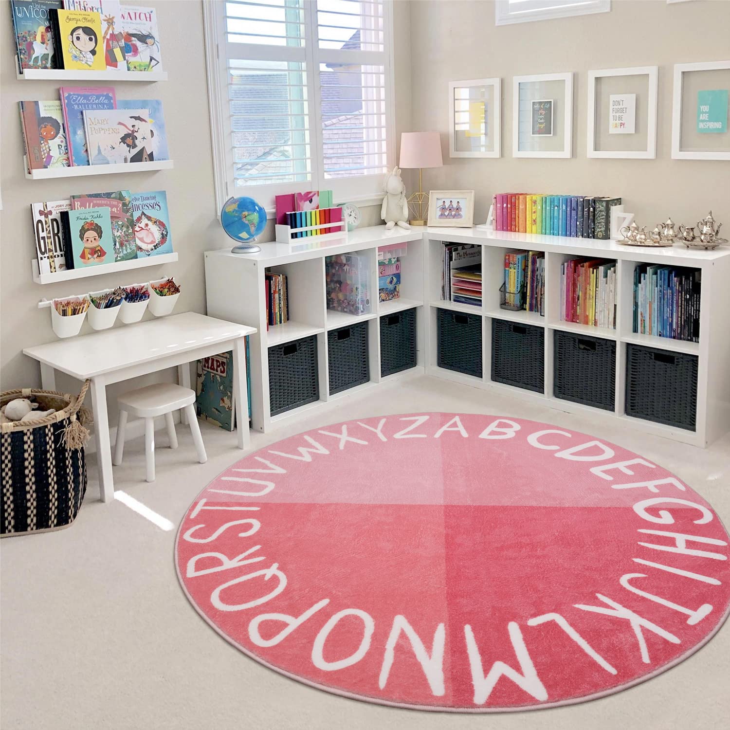 LIVEBOX ABC Pink Round Kids Rug for Girls Bedroom, Circle Nursery Area ...