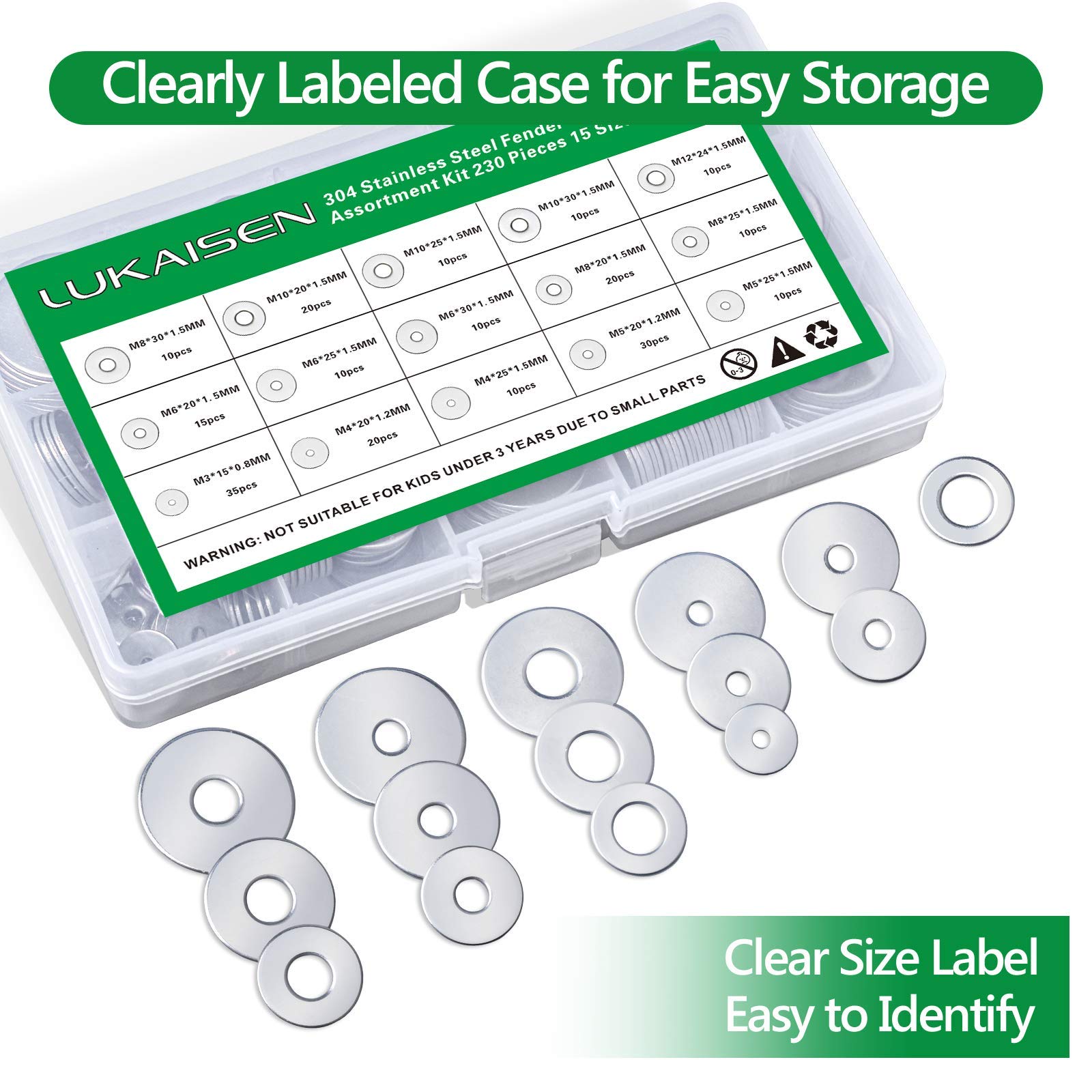 Mua 304 Stainless Steel Large Fender Washers Assortment Kit, 230 Pieces 15 Sizes – M3 M4 M5 M6 ...