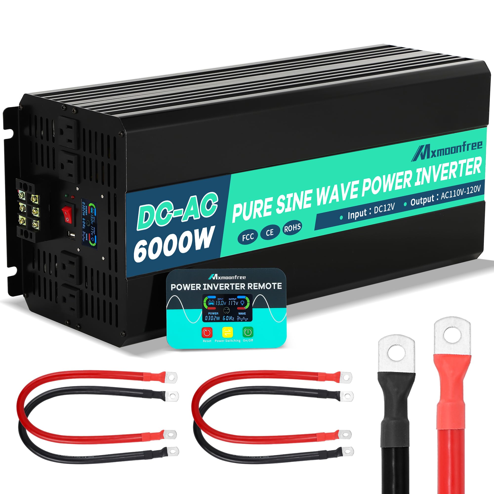 Mxmoonfree 6000W Pure Sine Wave Inverter 12V DC to 110V AC with ...