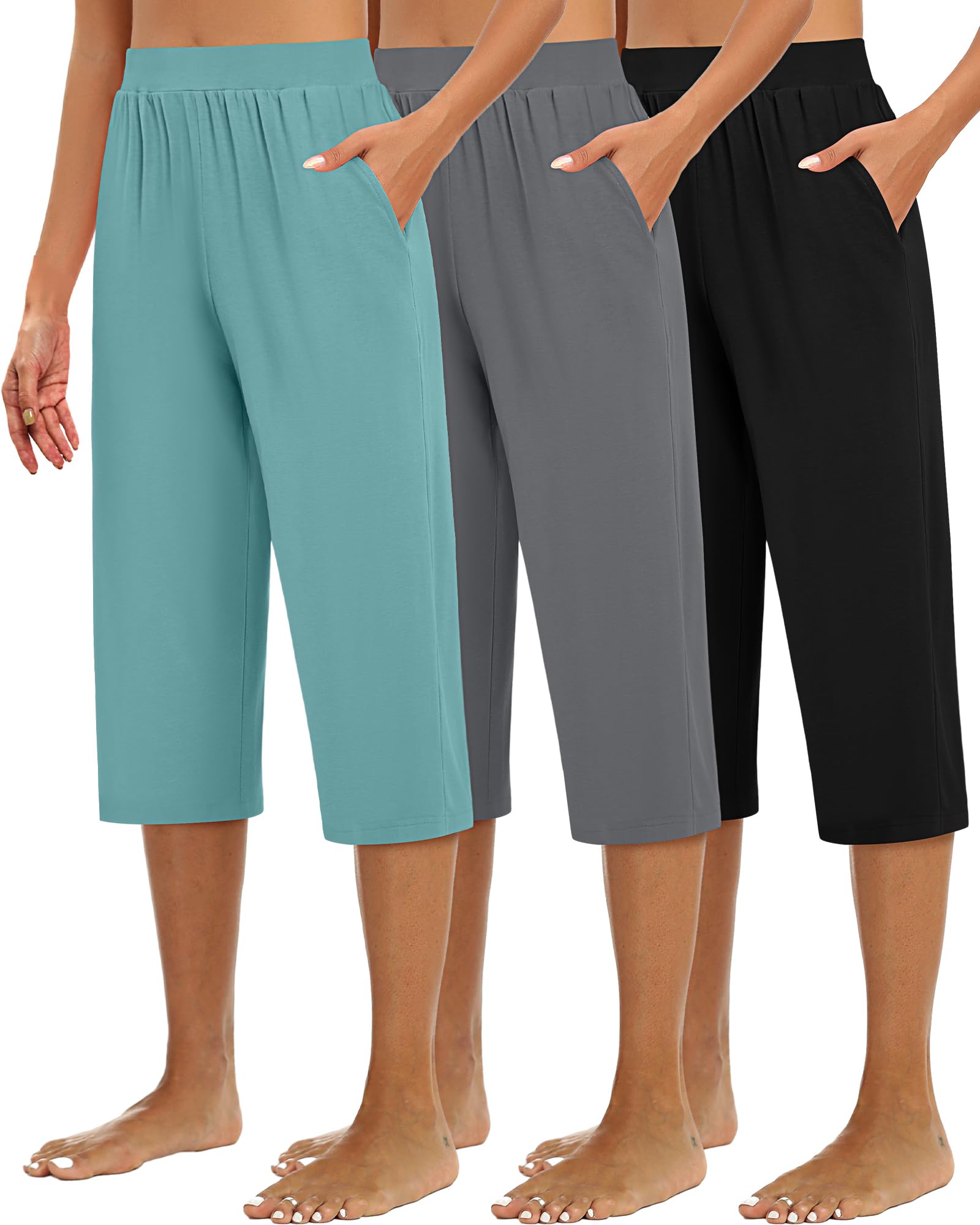 Huukeay 3 Pack Women's Capri Sweatpants, Cozy Wide Legs Cropped Capri ...