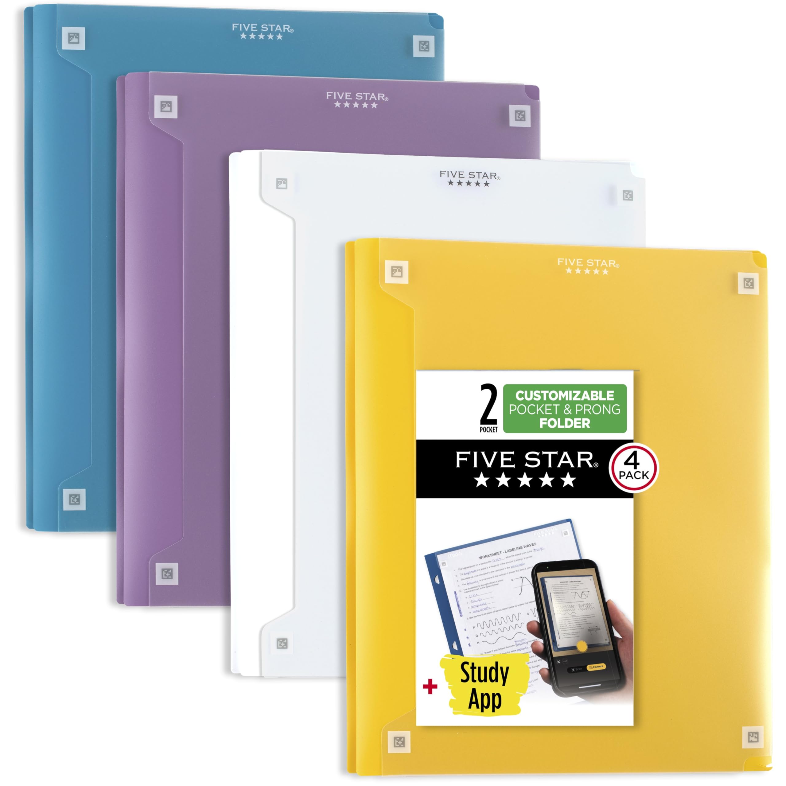 Five Star 2-Pocket Folder + Study App, 4 Pack, Plastic Folder with ...