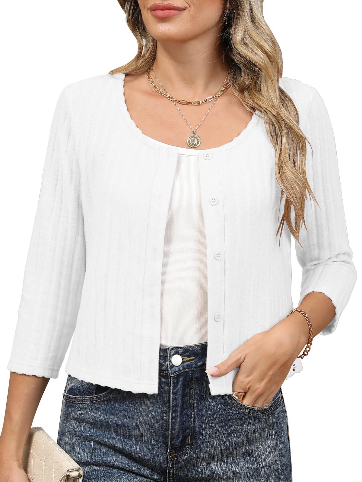 AFVETUT Women's 3/4 Sleeve Crew Neck Bolero Shrug Cropped Cardigans ...