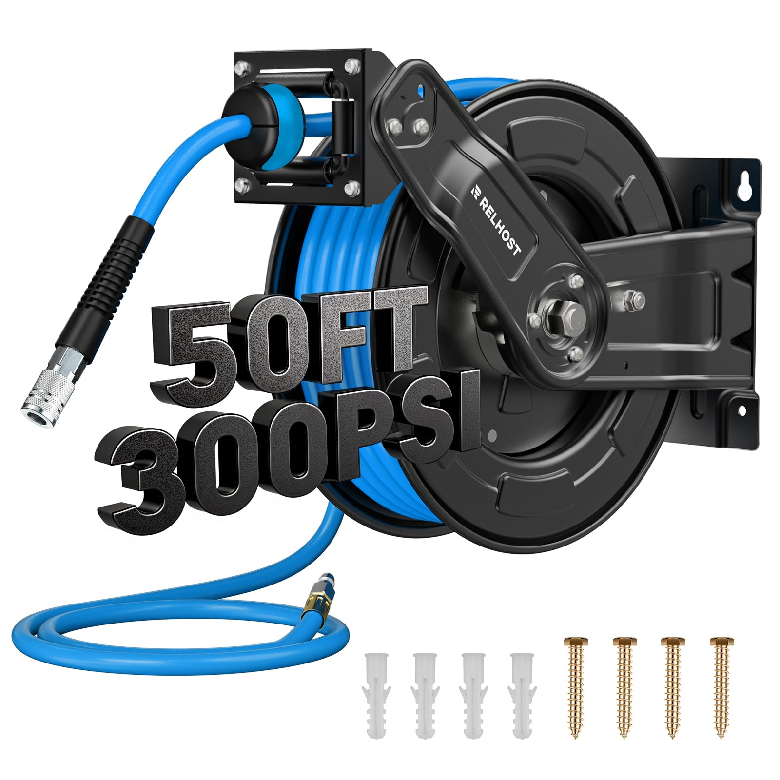 Relhost Retractable Air Hose Reel, 50 ft x 3/8 in Hybrid Air Hose Max ...