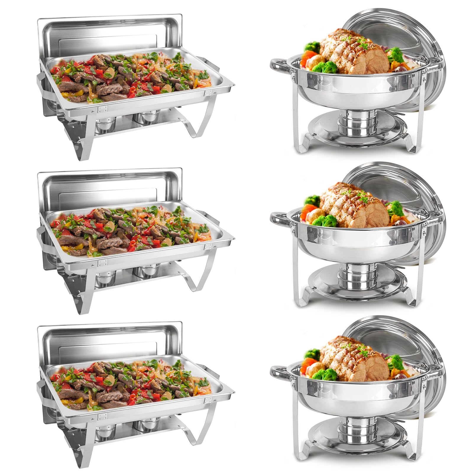 IMACONE Chafing Dish Buffet Set 6 Packs, 5QT Round& 8QT Rectangle Stainless Steel Chafer for ...