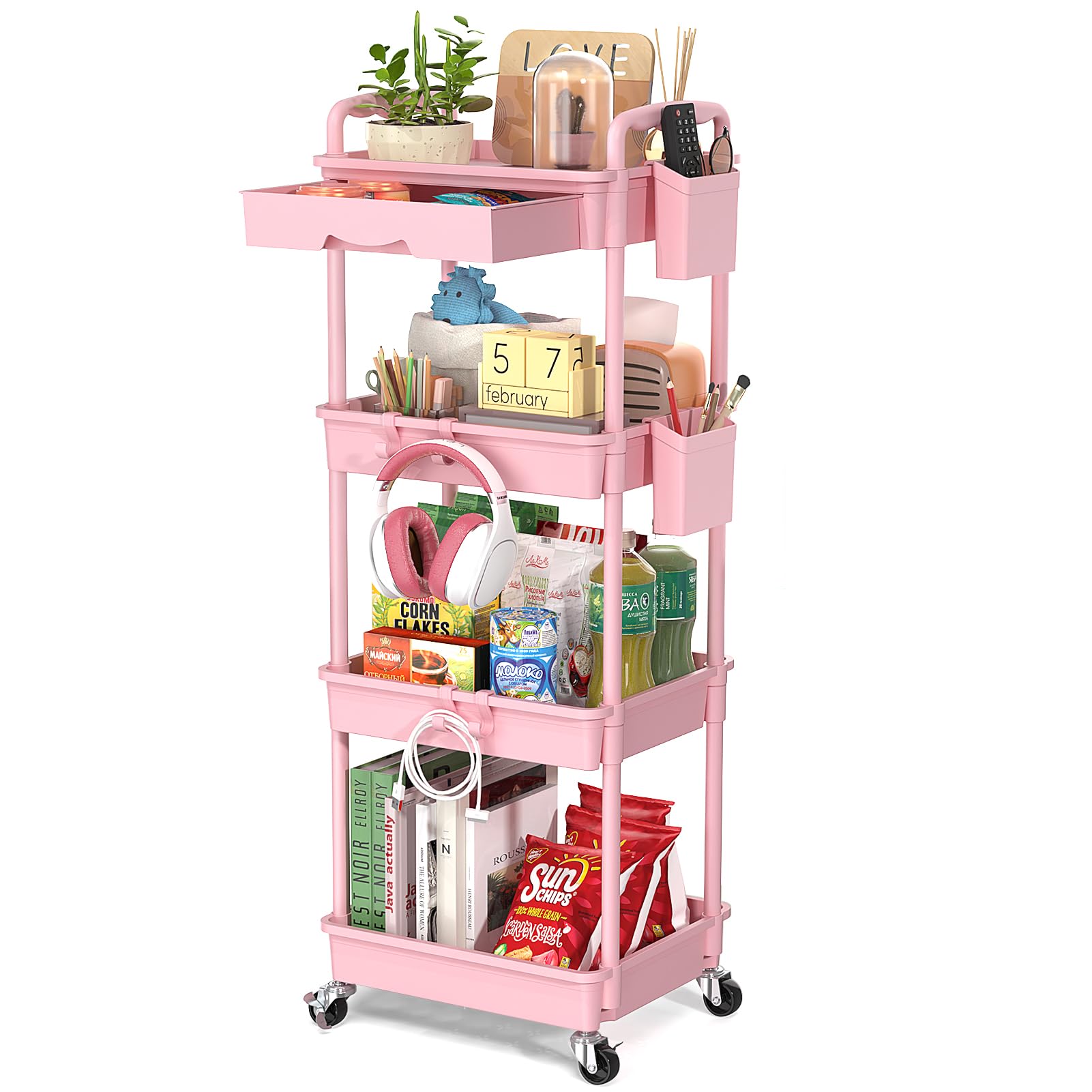 EaseSky 4 Tier Rolling Utility Cart with Drawer, Utility Storage ...